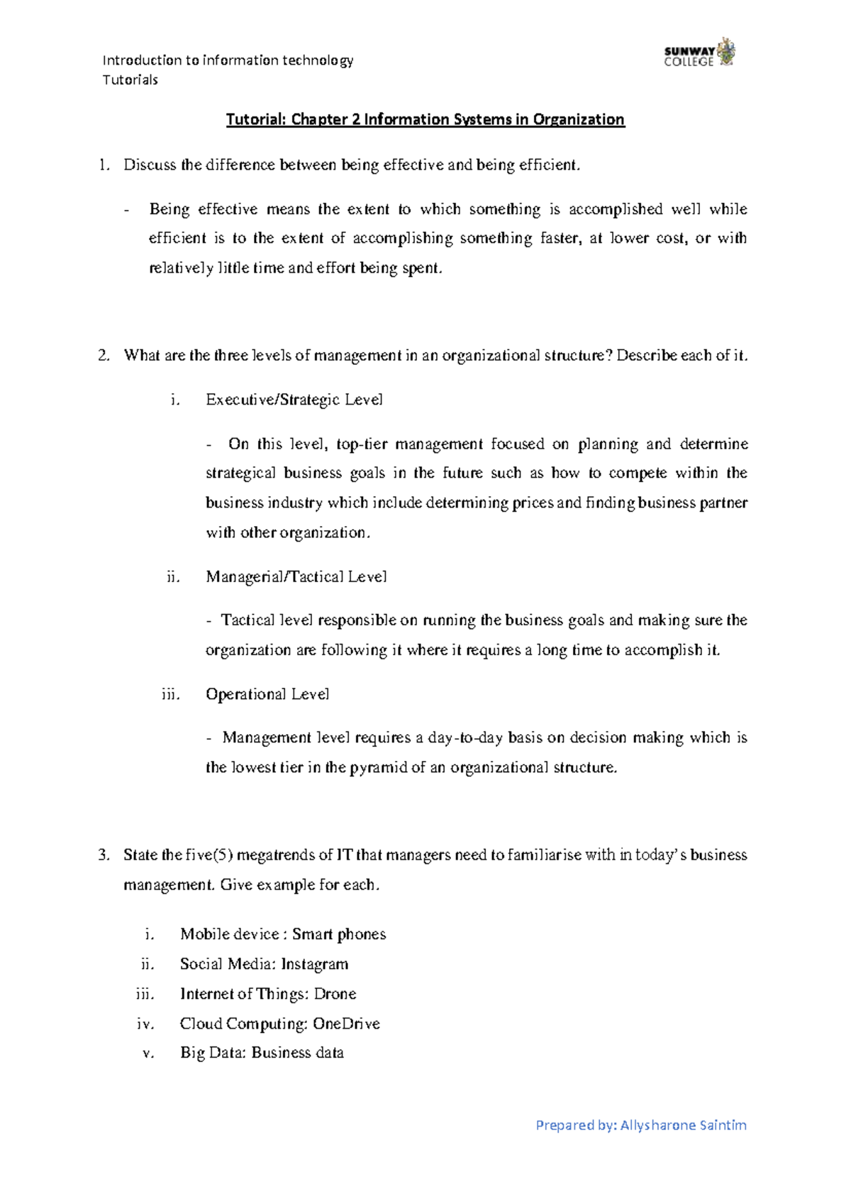 Tutorial 2 + Answer - Introduction to information technology Tutorials ...
