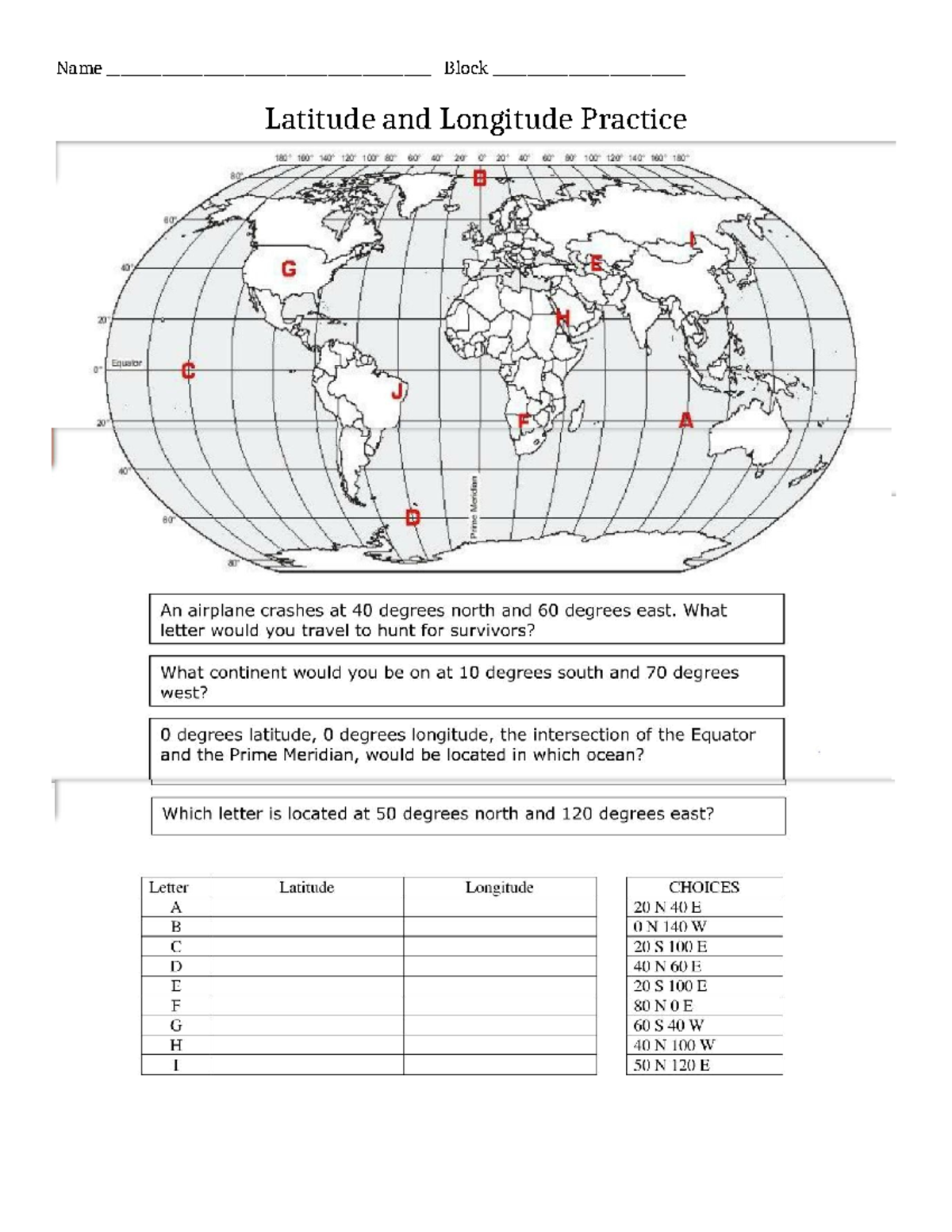 Latitude and Longitude Practice 401 G: Finding Locations and Survivors ...
