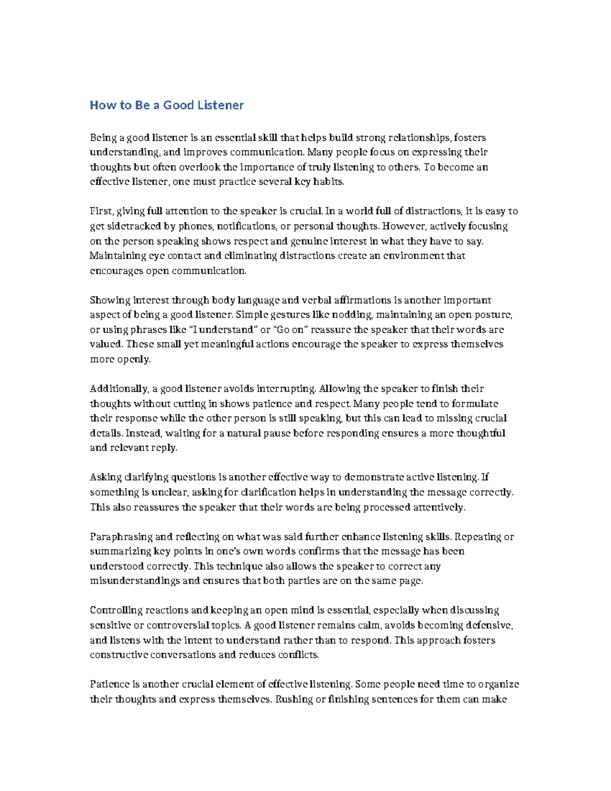 How to Be a Good Listener Essay - How to Be a Good Listener Being a ...