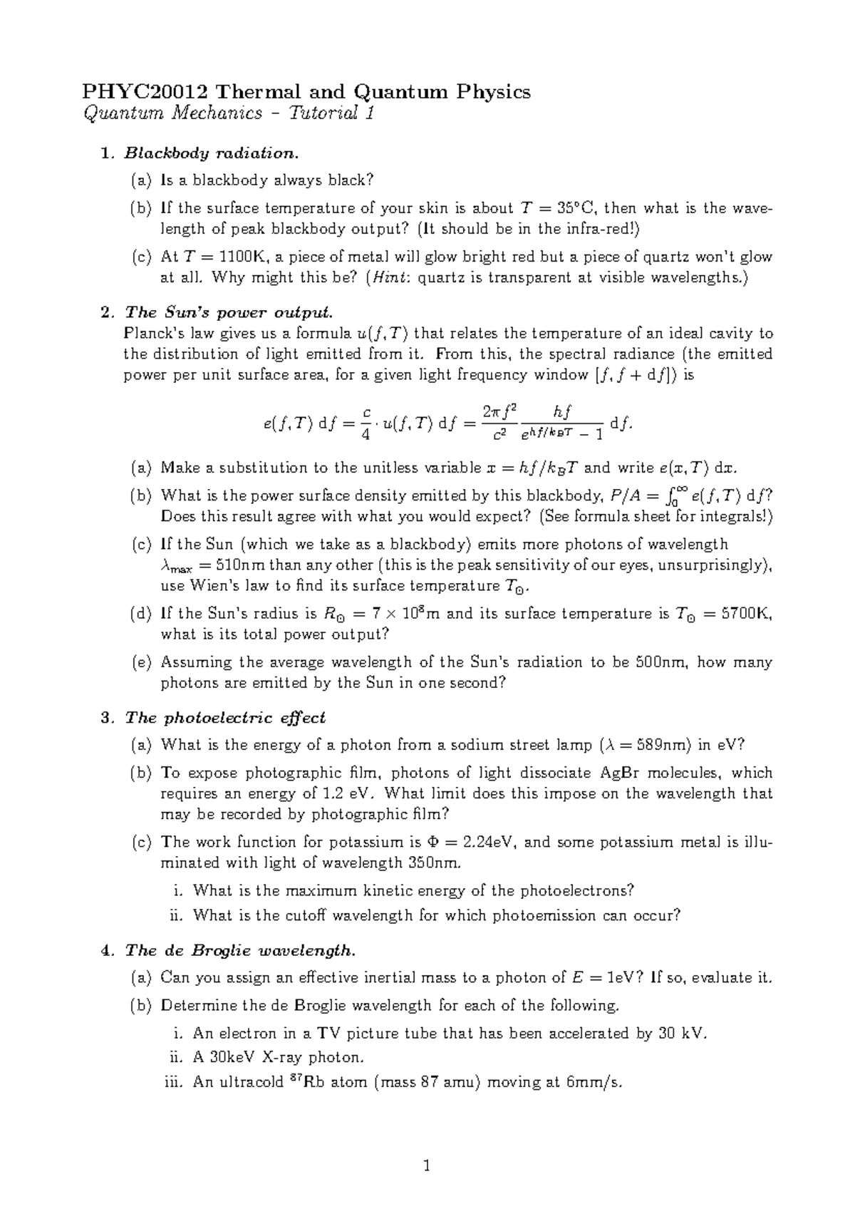 PHYC20012 Thermal & Quantum Physics: Quantum Mechanics Tute 1 - Studocu