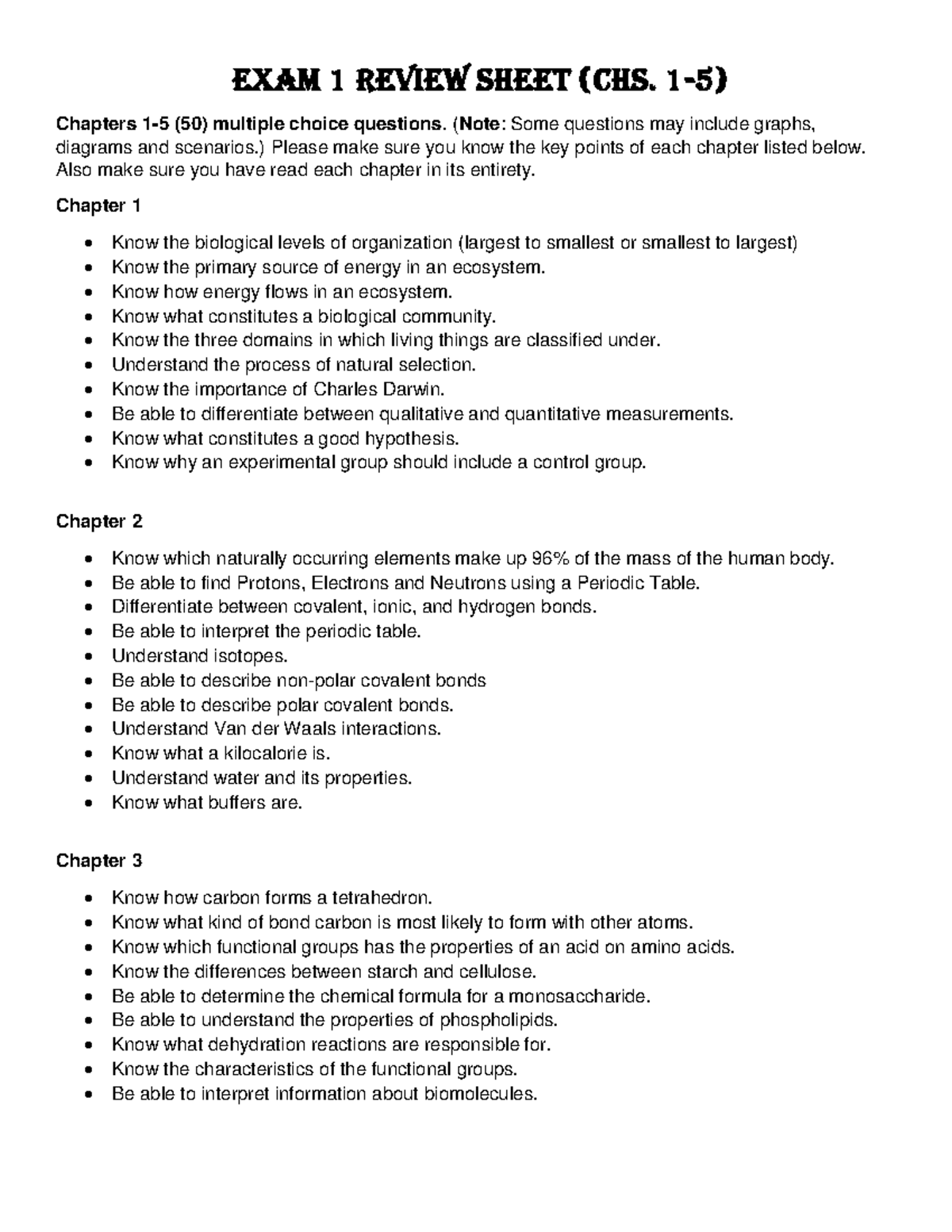 Exam 1 Review Sheet (Biology 101: Chs. 1-5) - Studocu