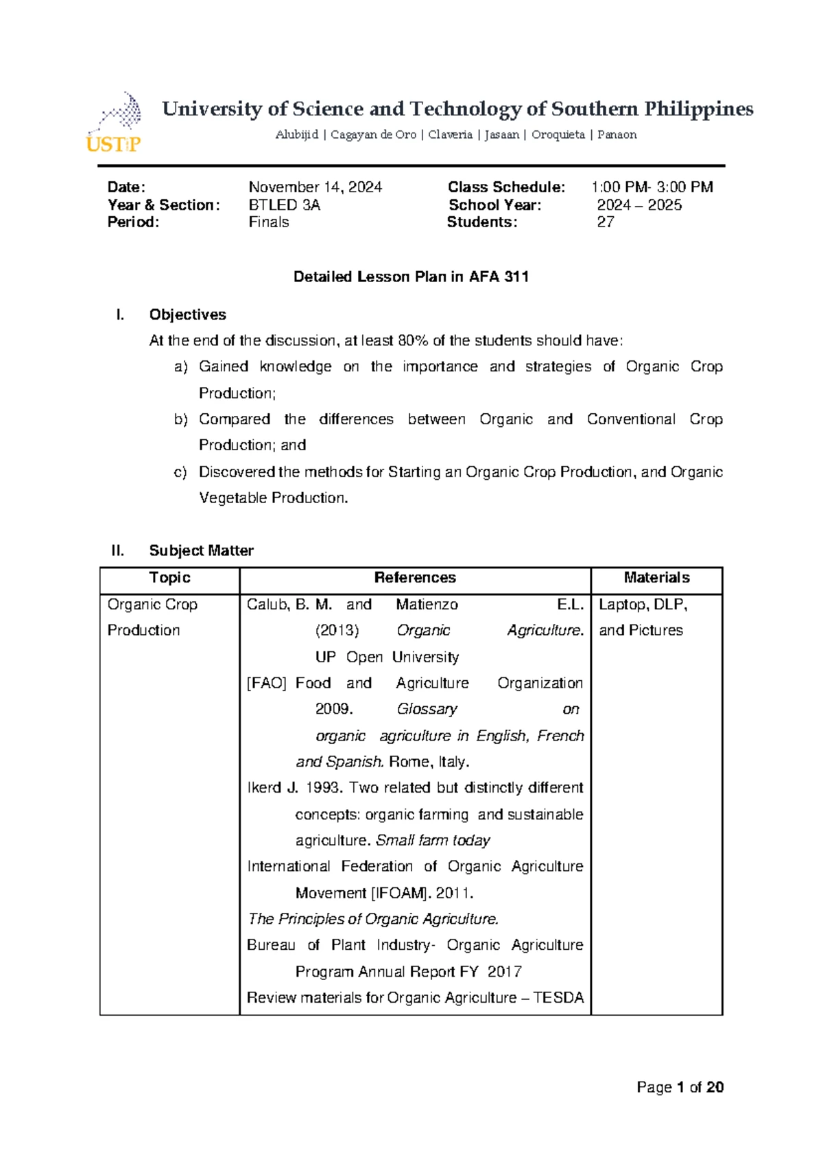 Final DLP AFA311 - Comprehensive Lesson Plan on Organic Crop Production ...