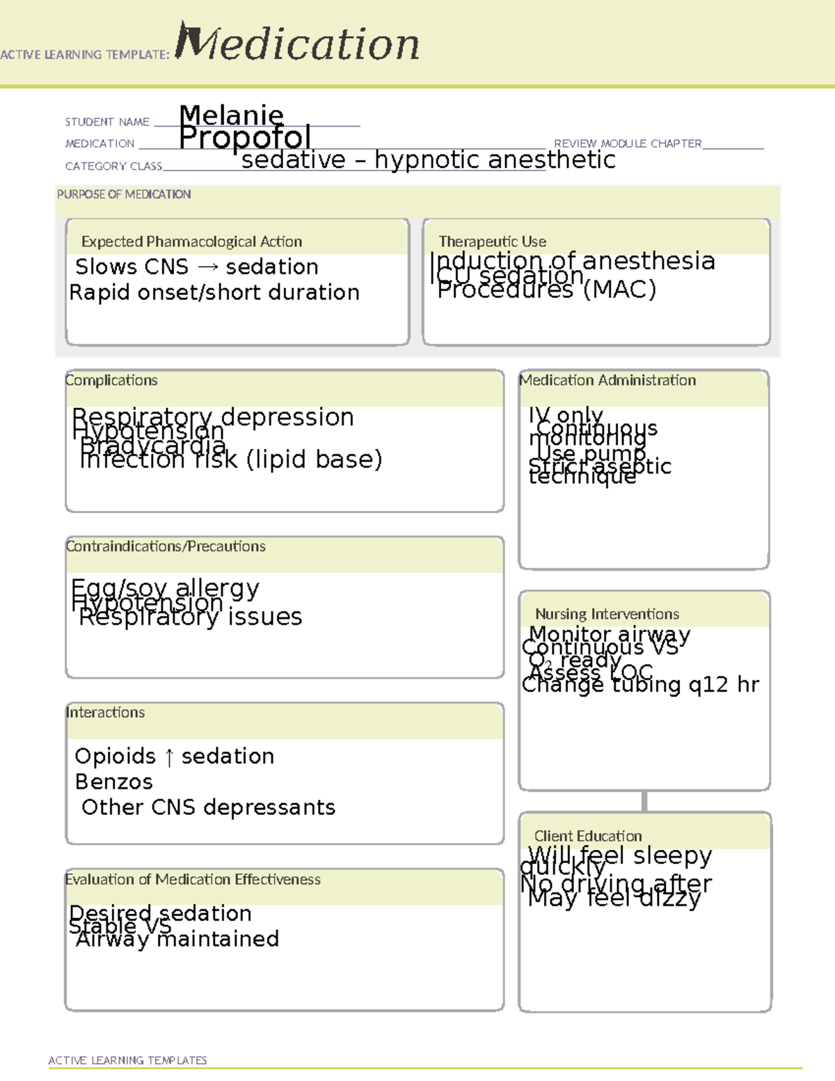 ACTIVE LEARNING TEMPLATE: Propofol (Diprivan) Medication Review - Studocu