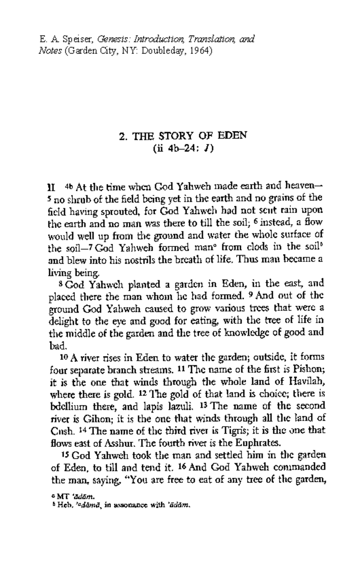 Genesis 2-3: The Story of Eden - Anchor Bible (Trans. Speiser) - Studocu