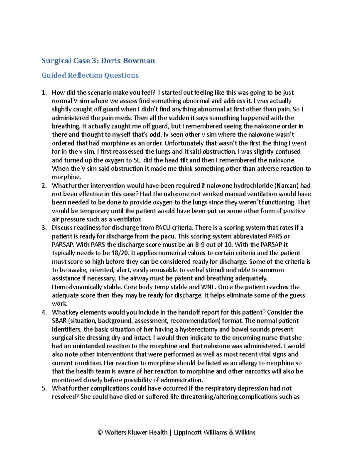 Surgical Case Study 03: Doris Bowman GRQ Reflection & Insights - Studocu