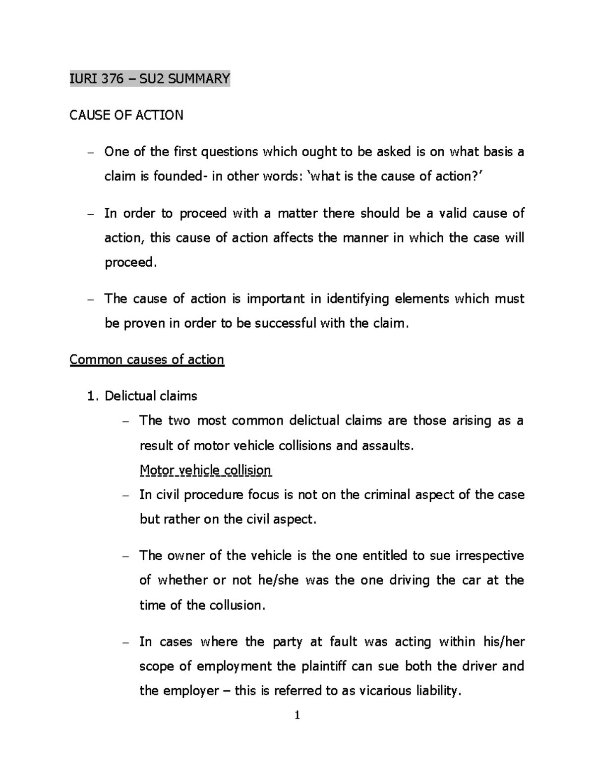 IURI 376 SI Summary - SU2: Understanding Cause of Action Elements - Studocu