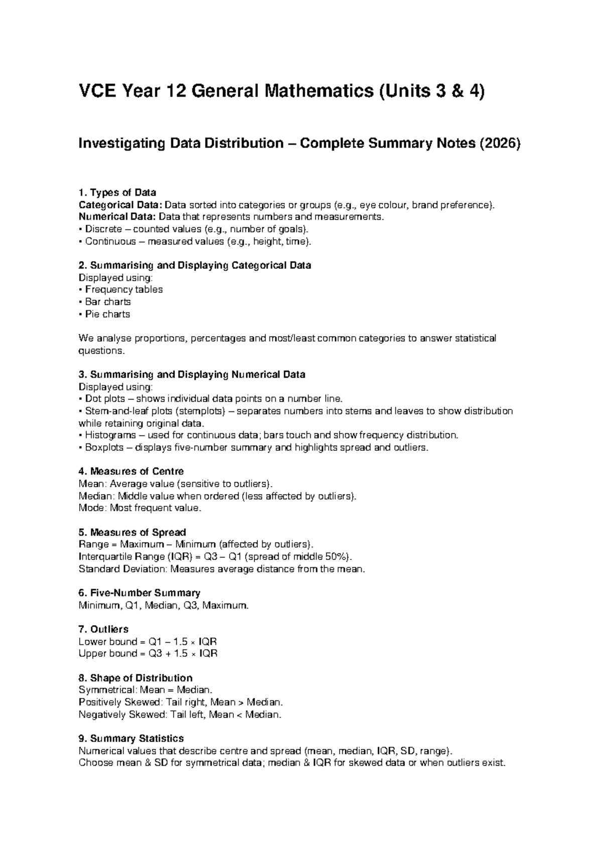 VCE Year 12 General Maths (Units 3 4) Data Distribution Summary Notes ...