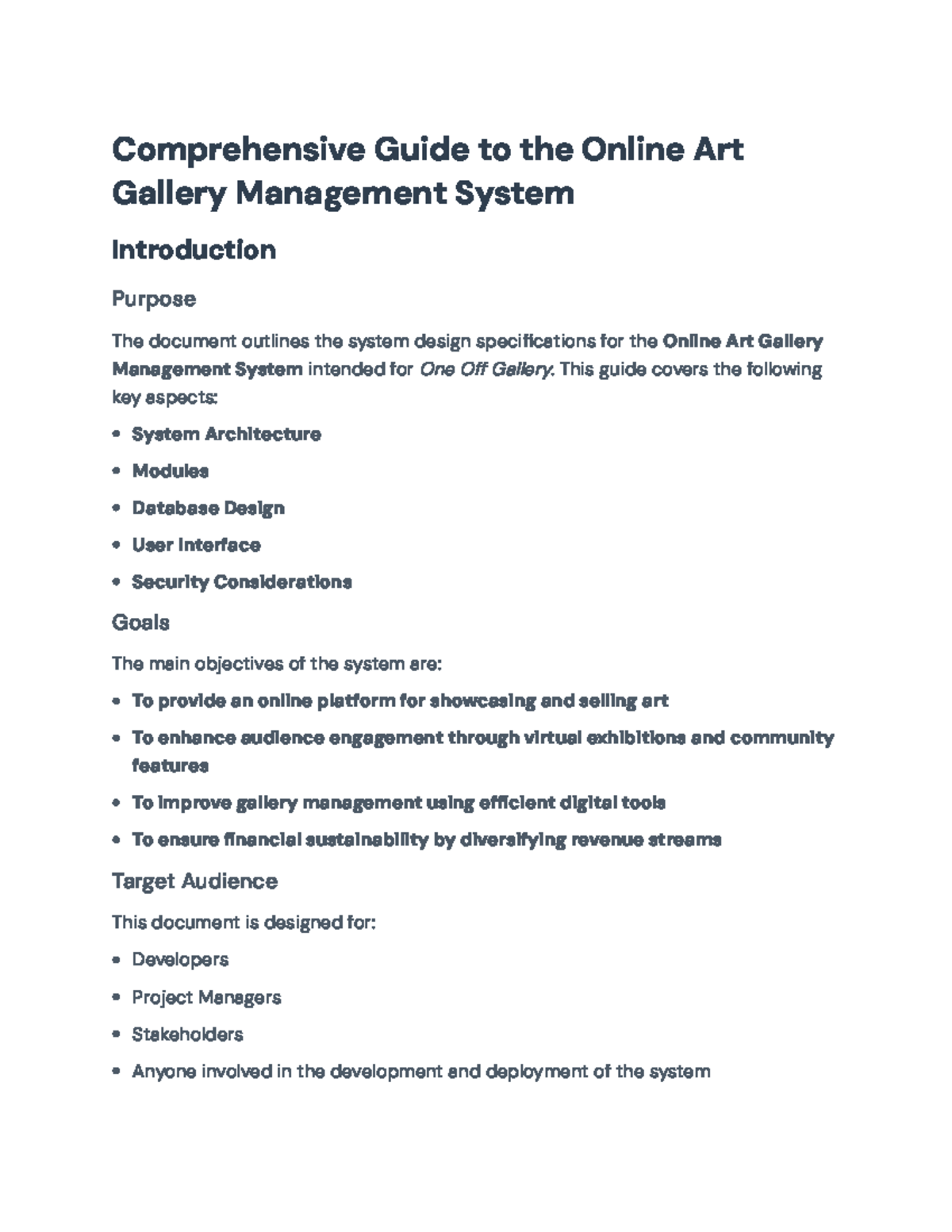 Online Art Gallery Management System Design Specifications ...