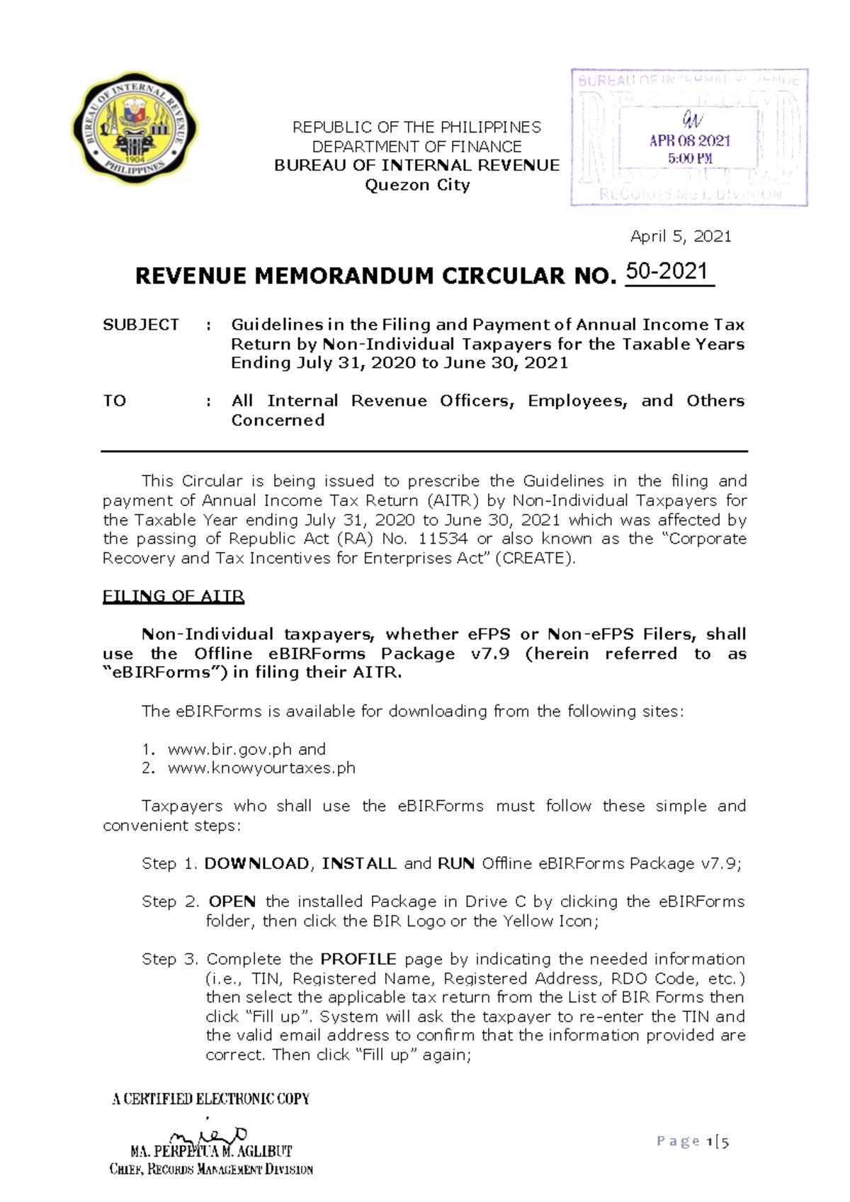 BIR Revenue Memorandum Circular No 50 2021 - April 5, 2021 REVENUE ...