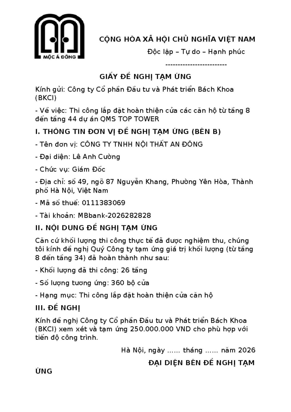 Đề Nghị Tạm Ứng Thi Công Cửa Căn Hộ Dự Án QMS TOP TOWER I - Studocu
