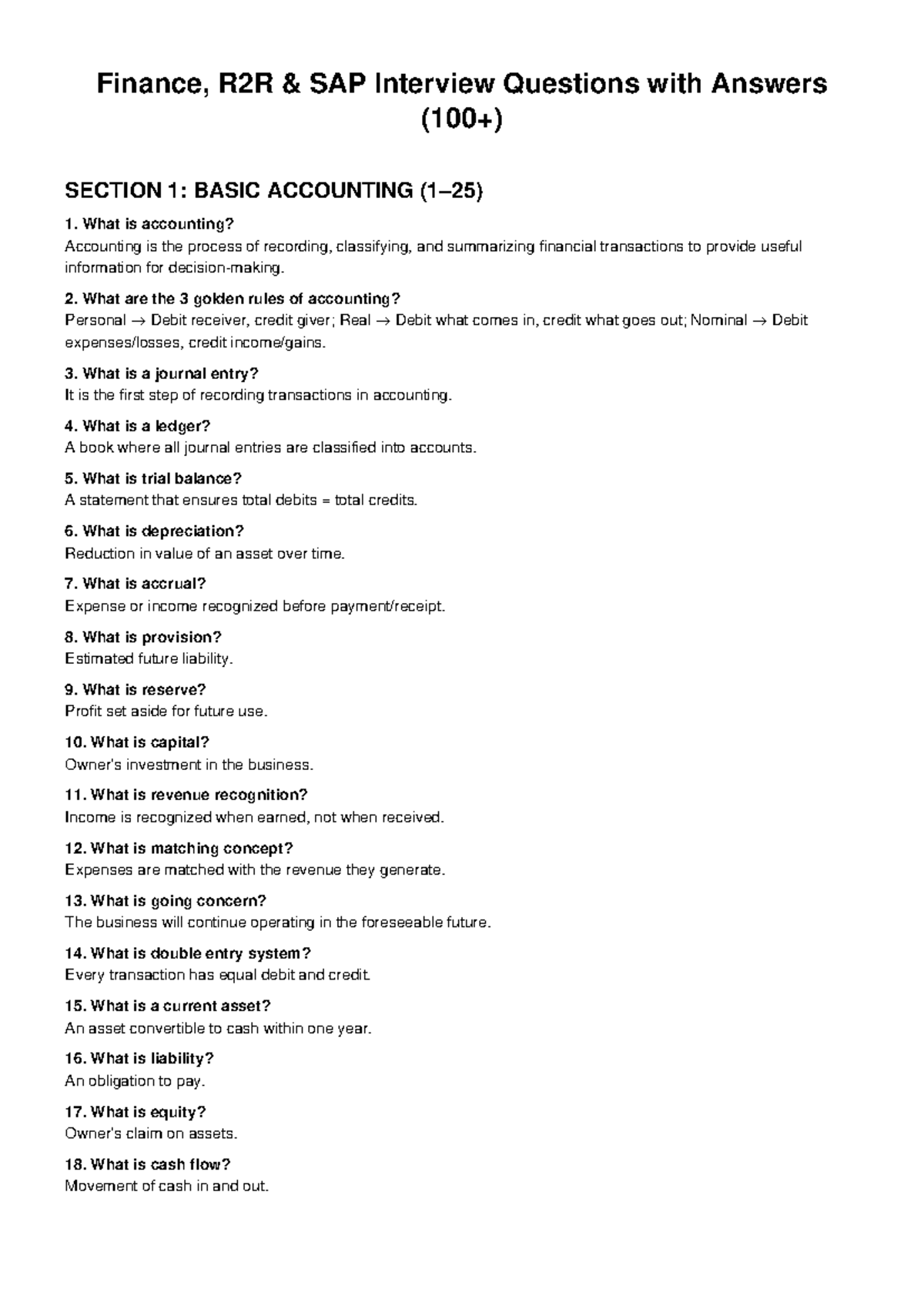 R2R SAP Interview Questions & Answers: Basic Accounting & More - Studocu