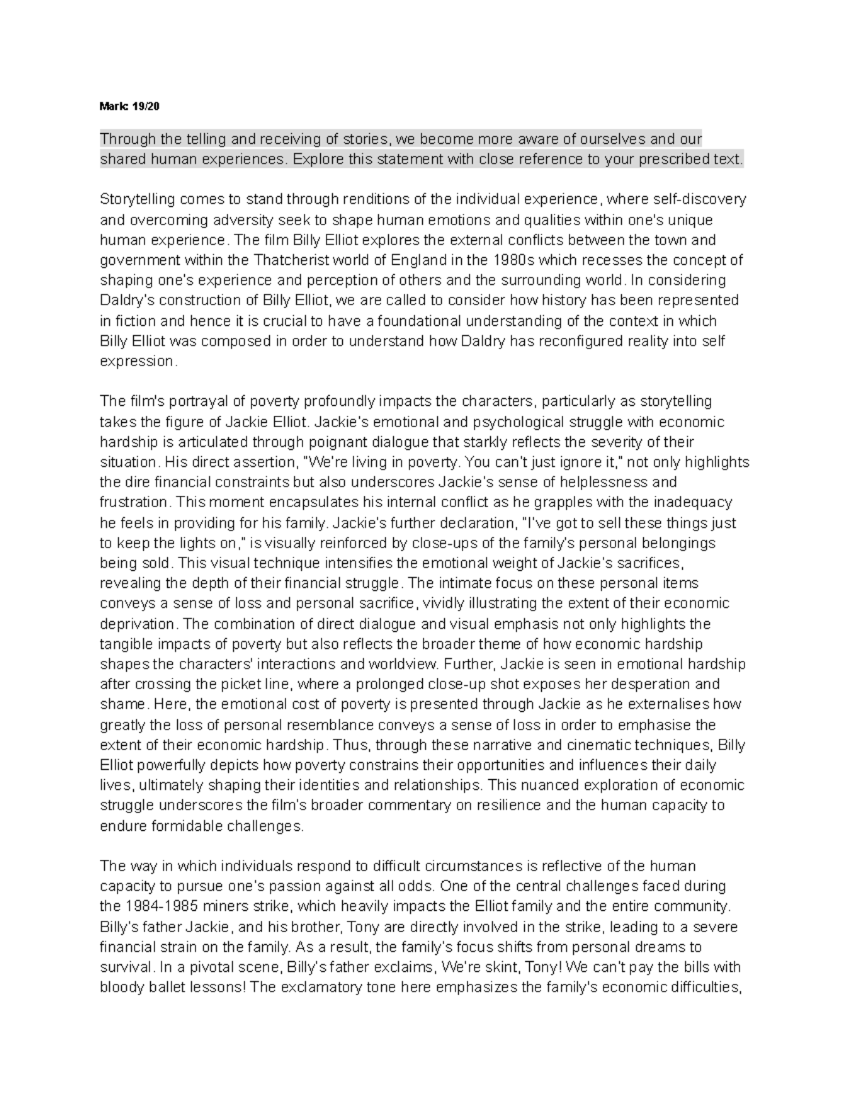 Billy Elliot Essay 1 - Band 6: Exploring Poverty and Resilience in ...