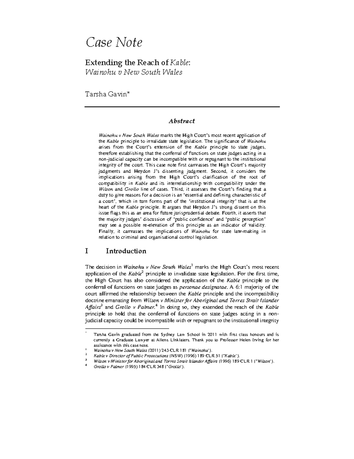 Case Note: Wainohu v New South Wales and the Kable Principle (LAW 101 ...
