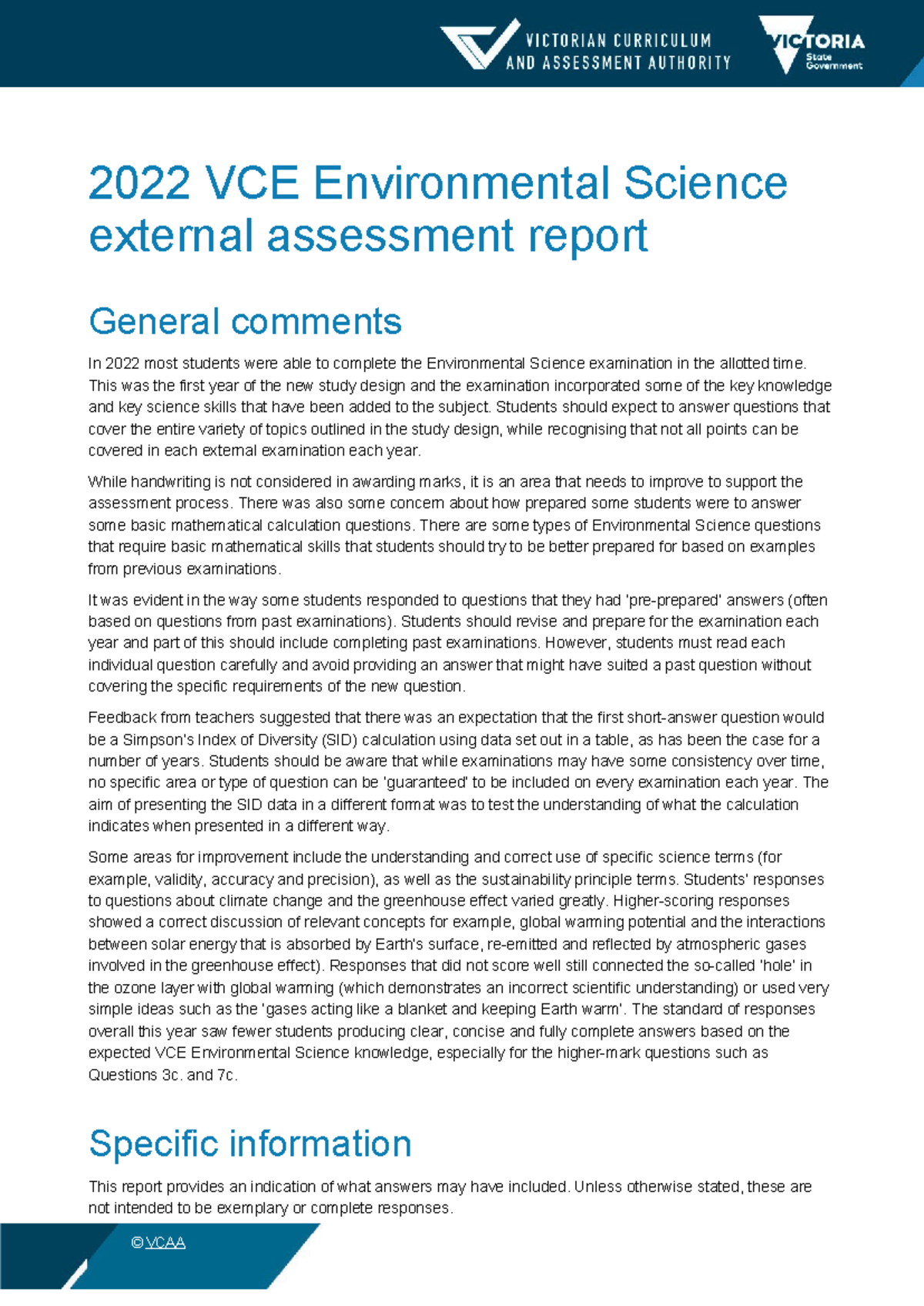2022 VCE Environmental Science External Assessment Report Insights ...