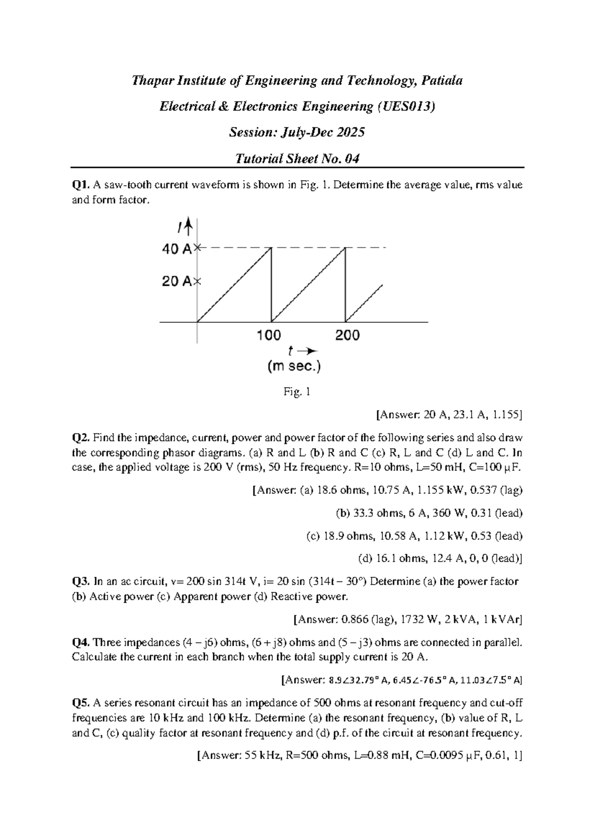 UES013 Electrical Engineering Tutorial Sheet 04: Waveforms & Impedance Analysis - Studocu
