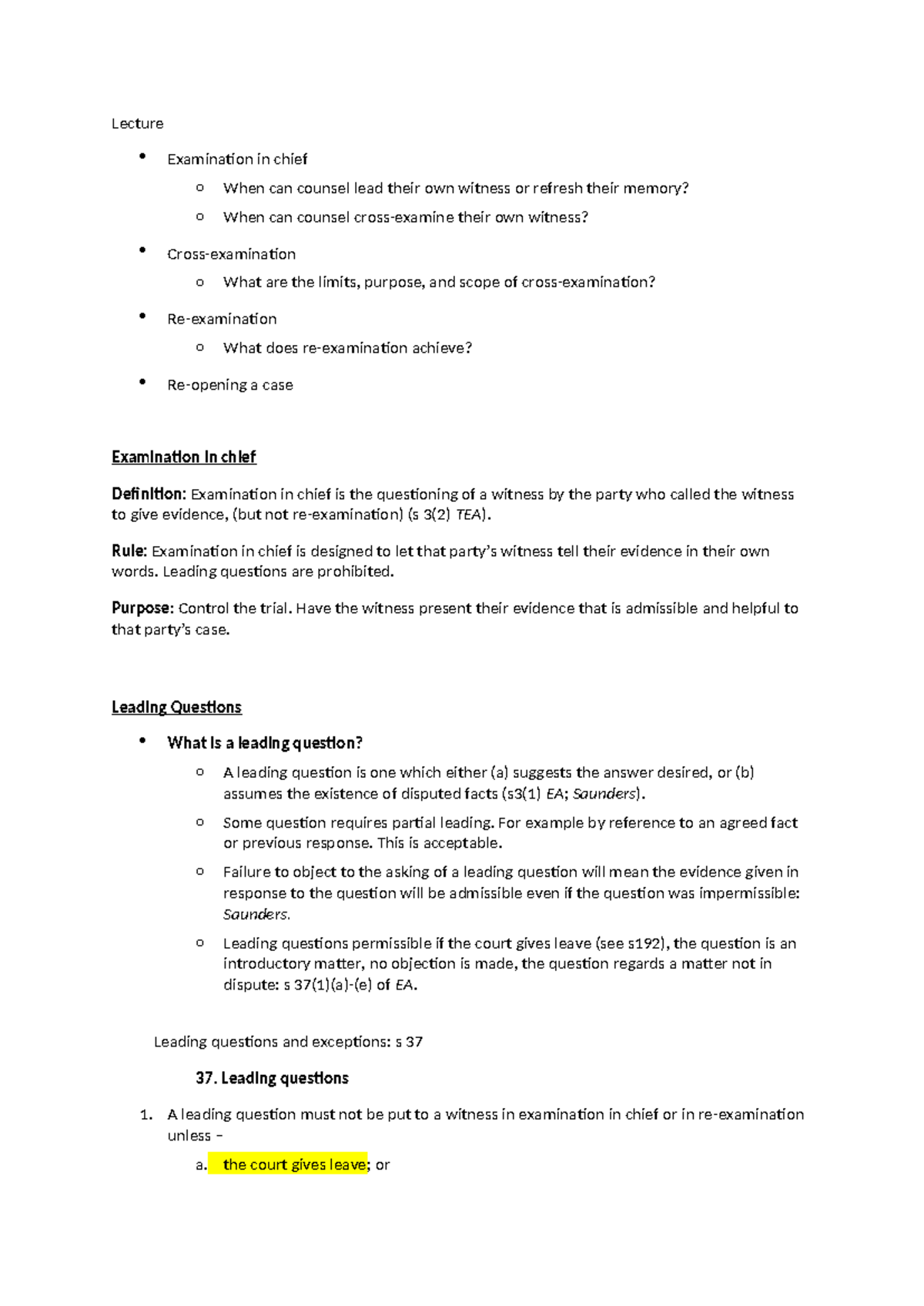 Lecture 2 - Examination in Chief: Leading Questions & Witness Testimony ...