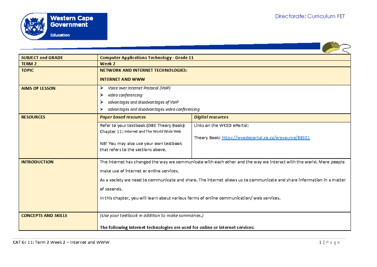 FET T2 Wk 2 Gr 11 CAT: Network & Internet Tech - VoIP & Video Confs ...