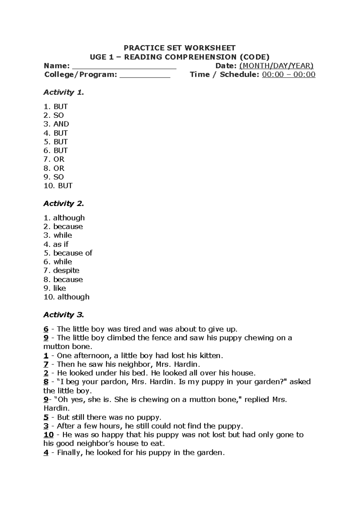 UGE 1 - Reading Comprehension Practice SET Worksheet - Studocu