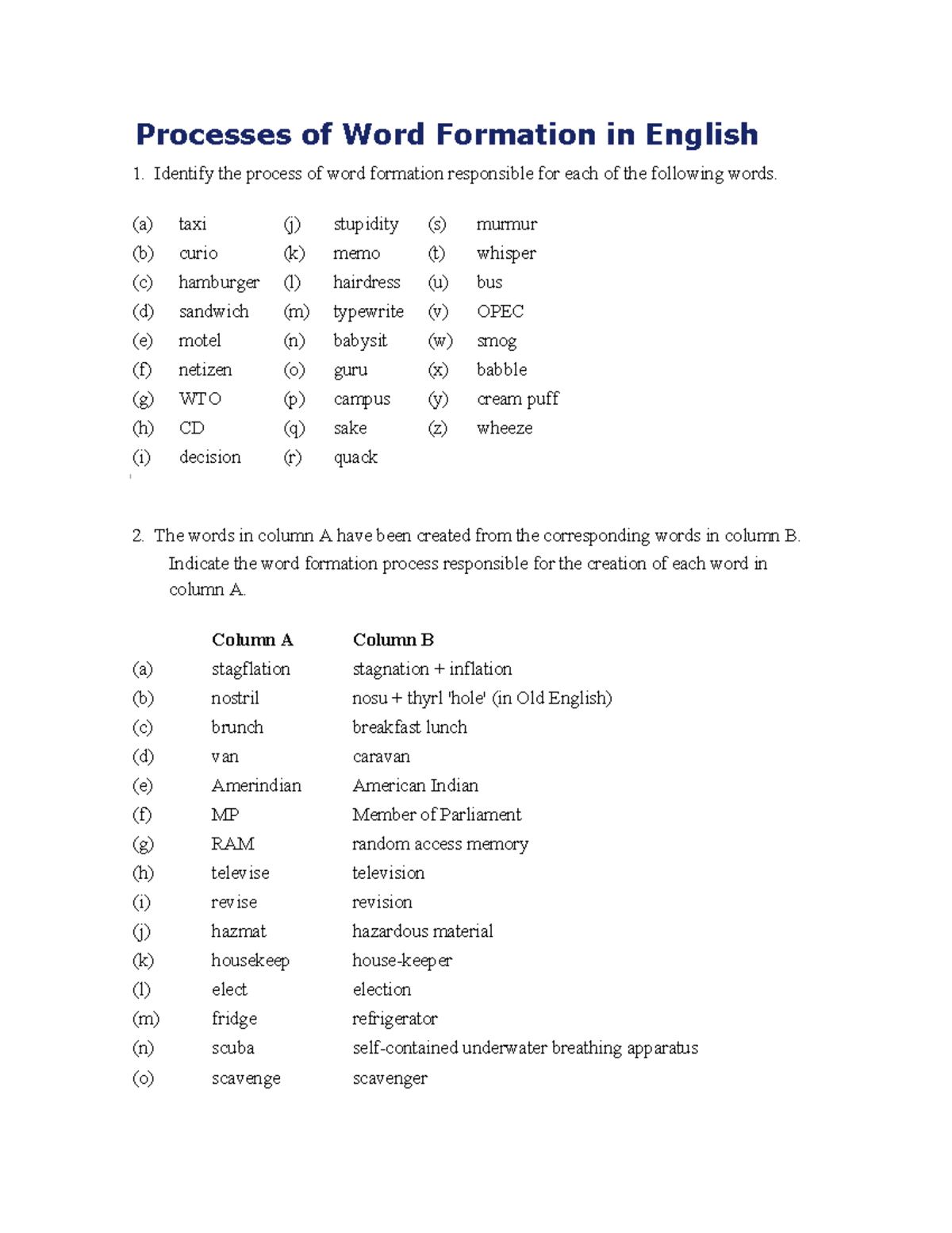 Processes of Word Formation in English - Study Notes - Studocu