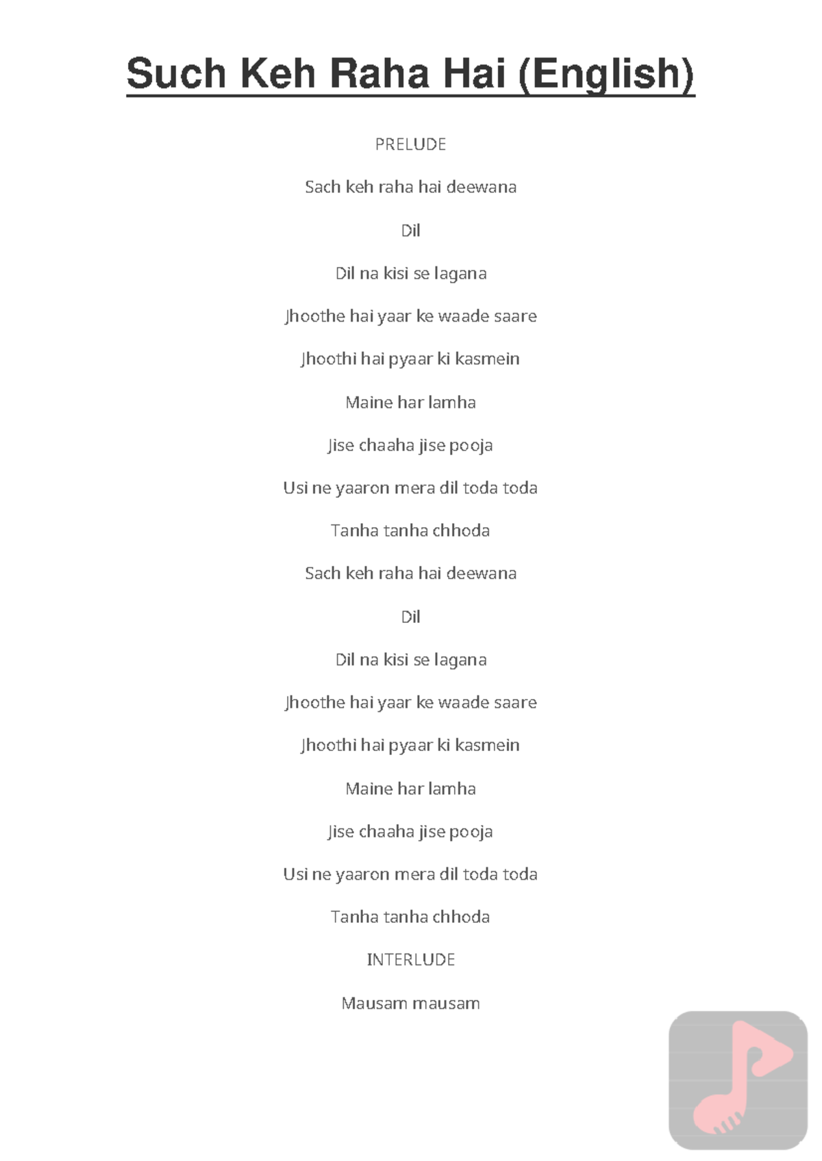 Such Keh Raha Hai (Hindi) - Lyrics and Analysis - Studocu