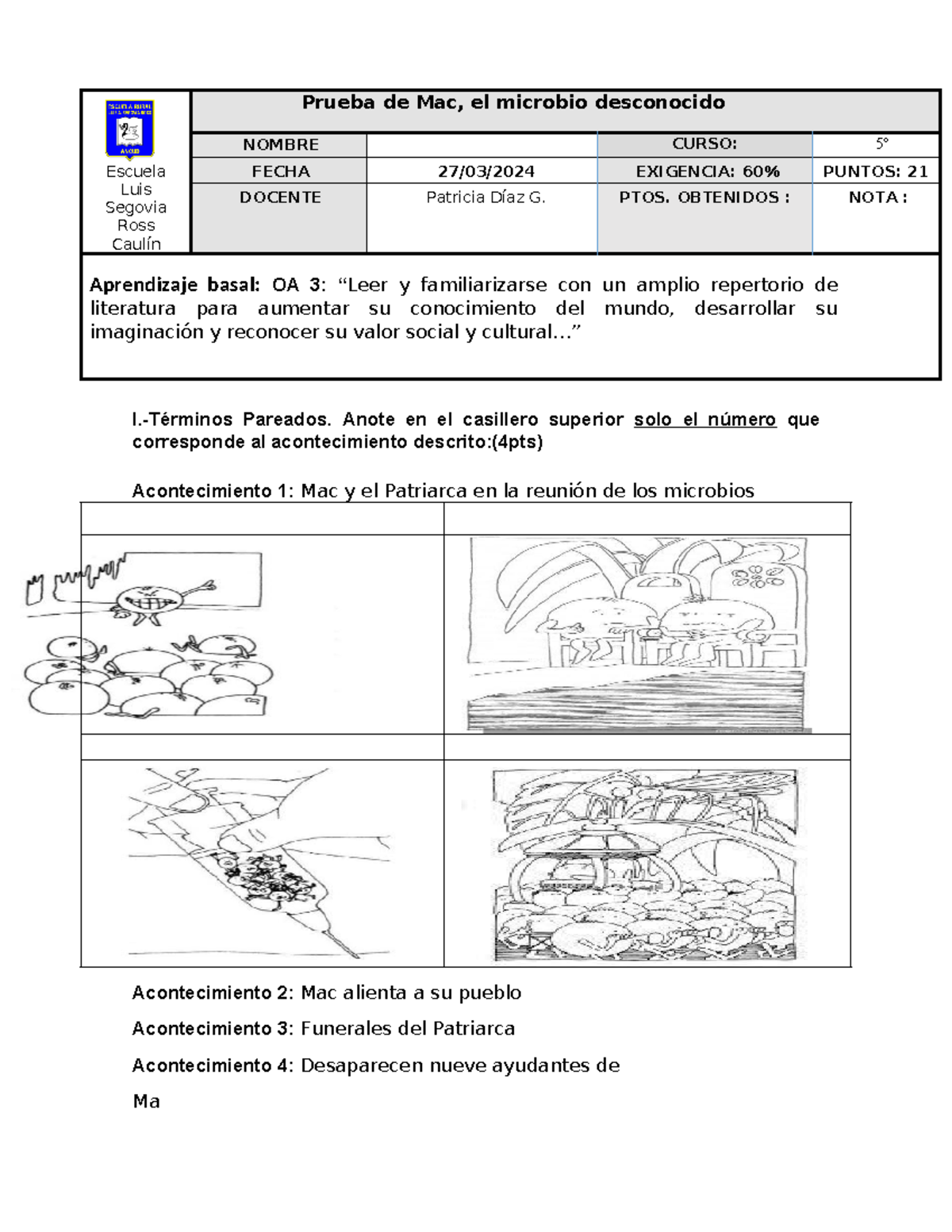 Prueba de Comprensión Lectora: Mac y el Microbio Desconocido - 5º Año ...