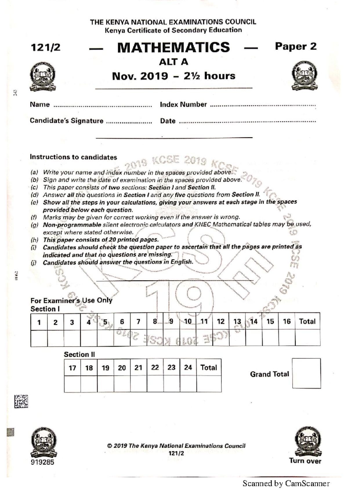 Mathematics Paper 2 KCSE 2019 Exam Questions and Solutions - Studocu