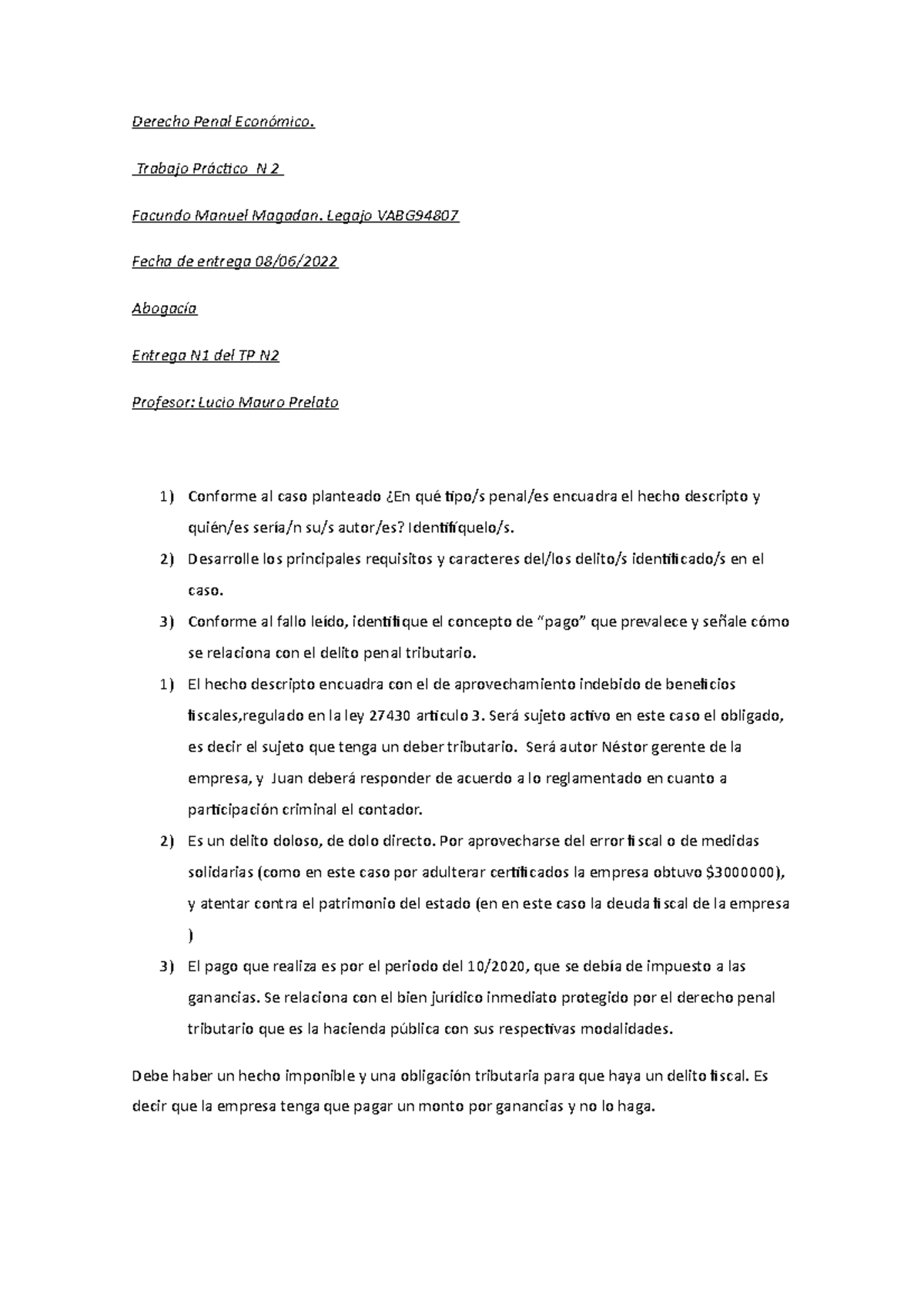 Derecho Penal Económico 2 - Trabajo Práctico N 2 Facundo Manuel Magadan ...
