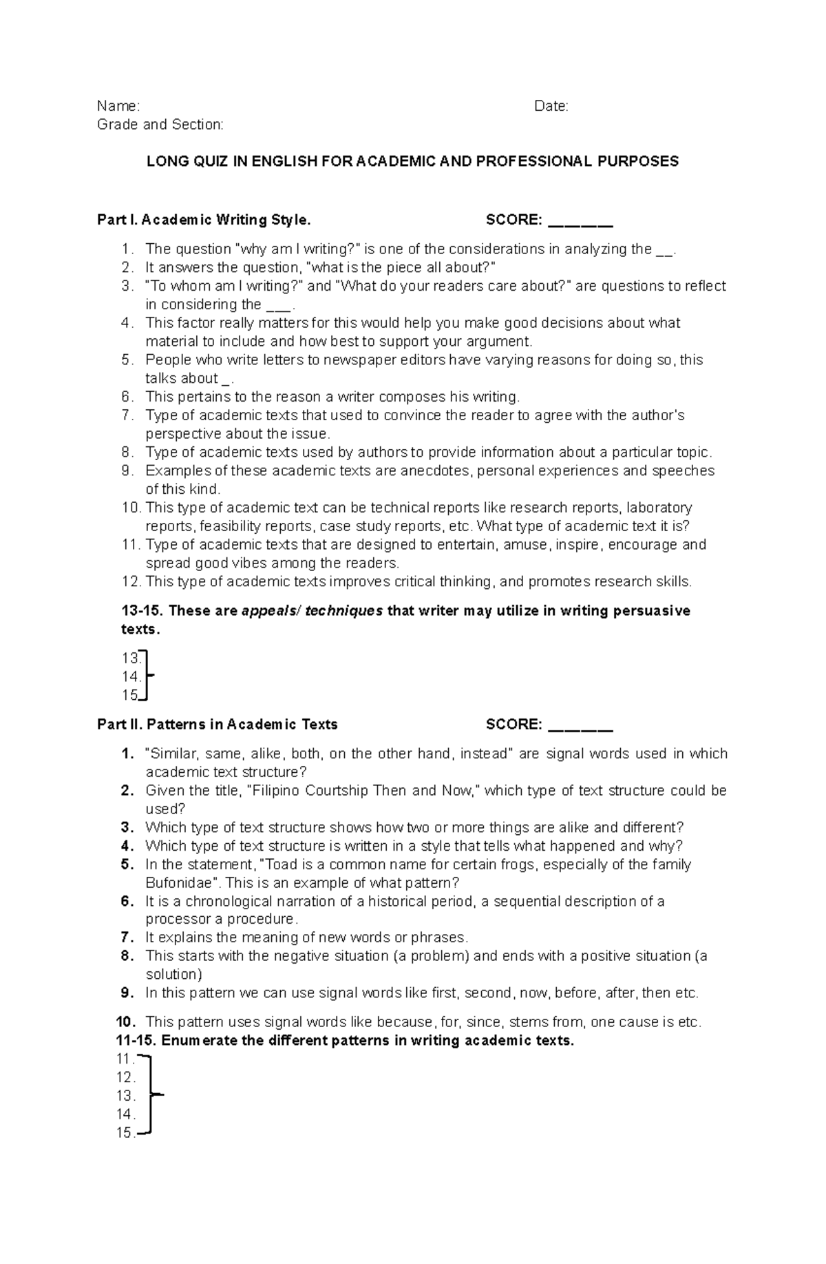 Long Quiz - EAPP: Academic Writing and Patterns in Academic Texts - Studocu