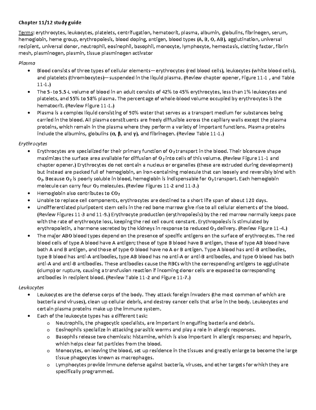 Chapter 11-12 Study Guide: Blood Components and Functions - Chapter 11/12 study guide Terms ...