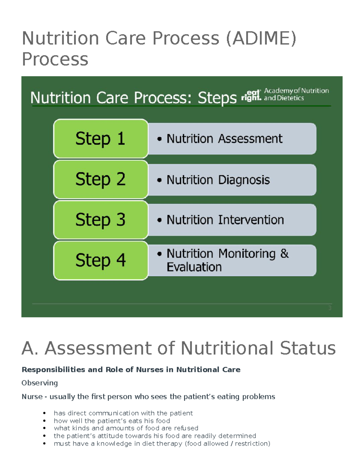 Nutrition Care Process (ADIME): Role of Nursing in Nutritional Support ...