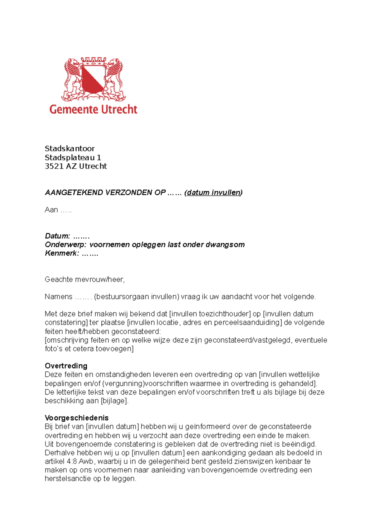 Voorstel voor Besluit Tot Opleggen Last Onder Dwangsom - Model 2023 ...