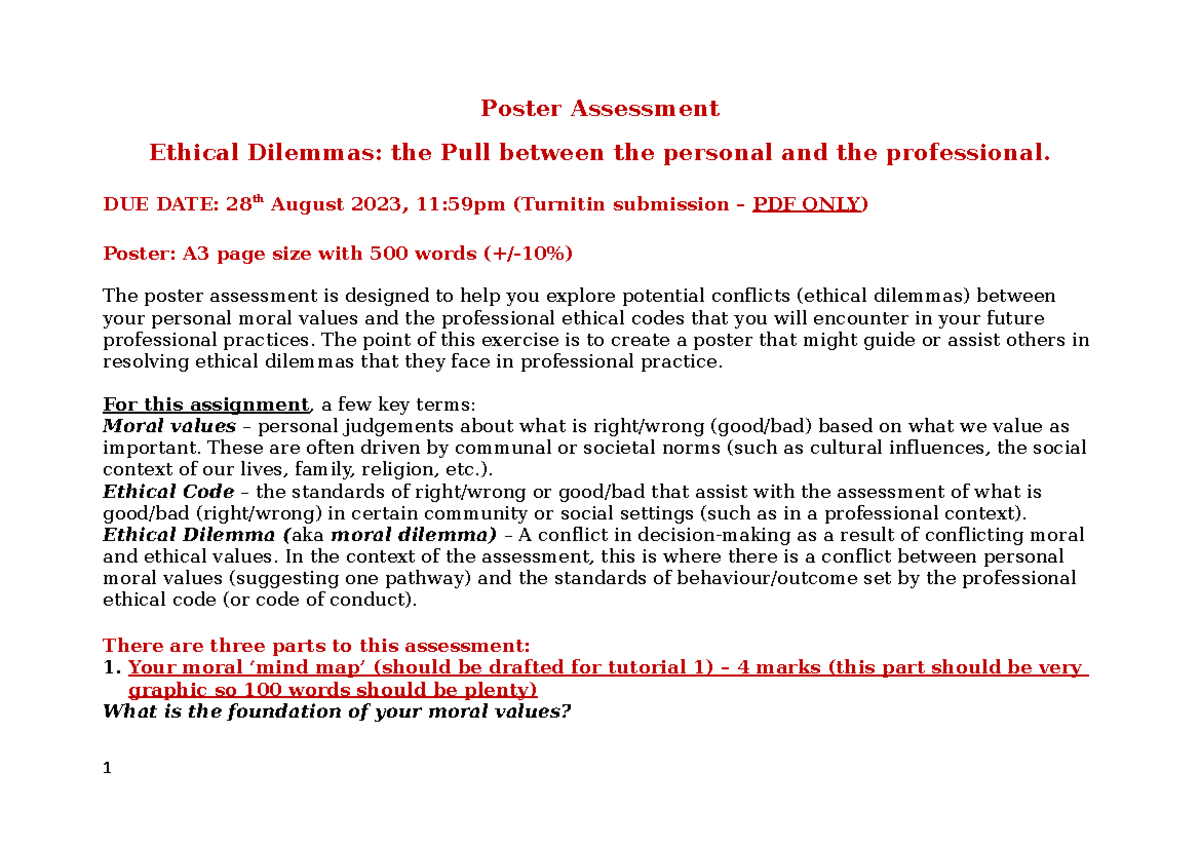 Poster Assessment 1 - Ethical Dilemmas in Personal & Professional ...