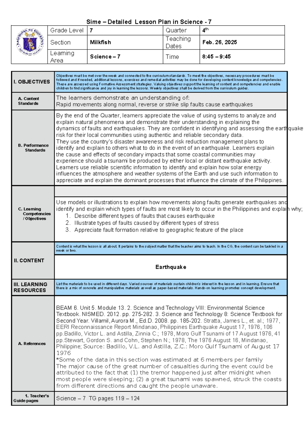 COT G7 Detailed Lesson Plan: Earthquake & Faults Q4 2025 - Studocu