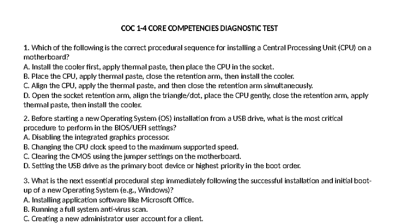 COC 1-4 Pretest: CPU Installation & OS Setup Procedures - Studocu