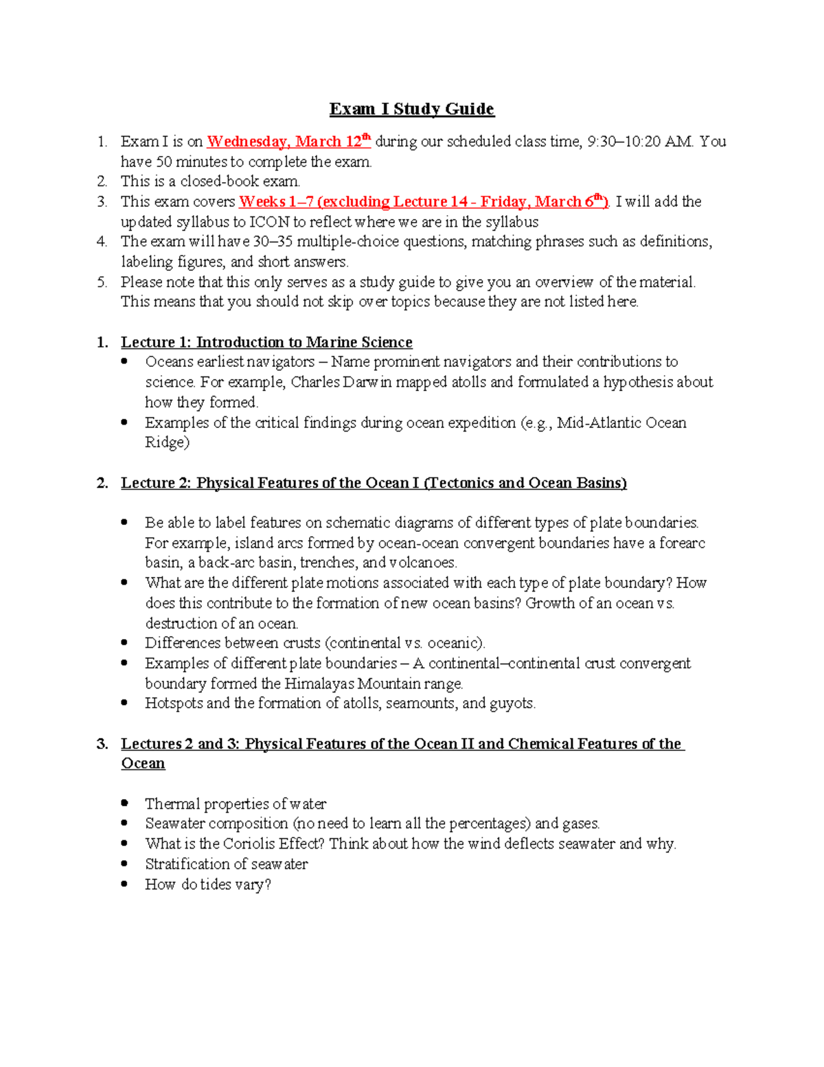 Marine Biology Exam I Study Guide: Topics from Lectures 1-7 - Exam I ...