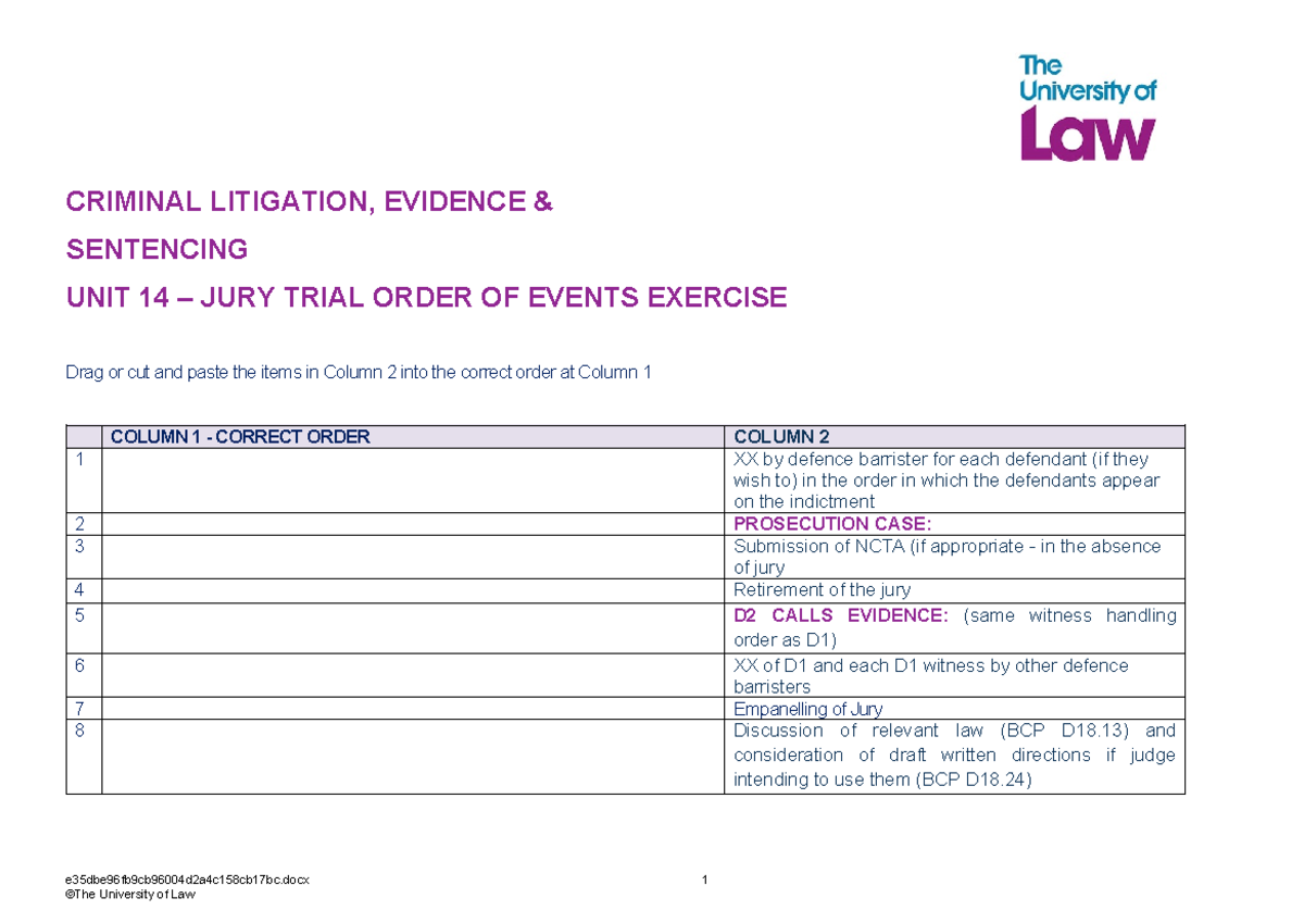 CRIM 2526 Unit 14 Jury Trial Order of Events Exercise - Studocu