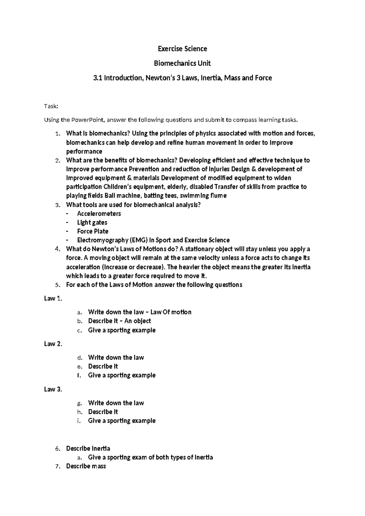Exercise Science Biomechanics Unit 3.1: Newton's 3 Laws Summary ...