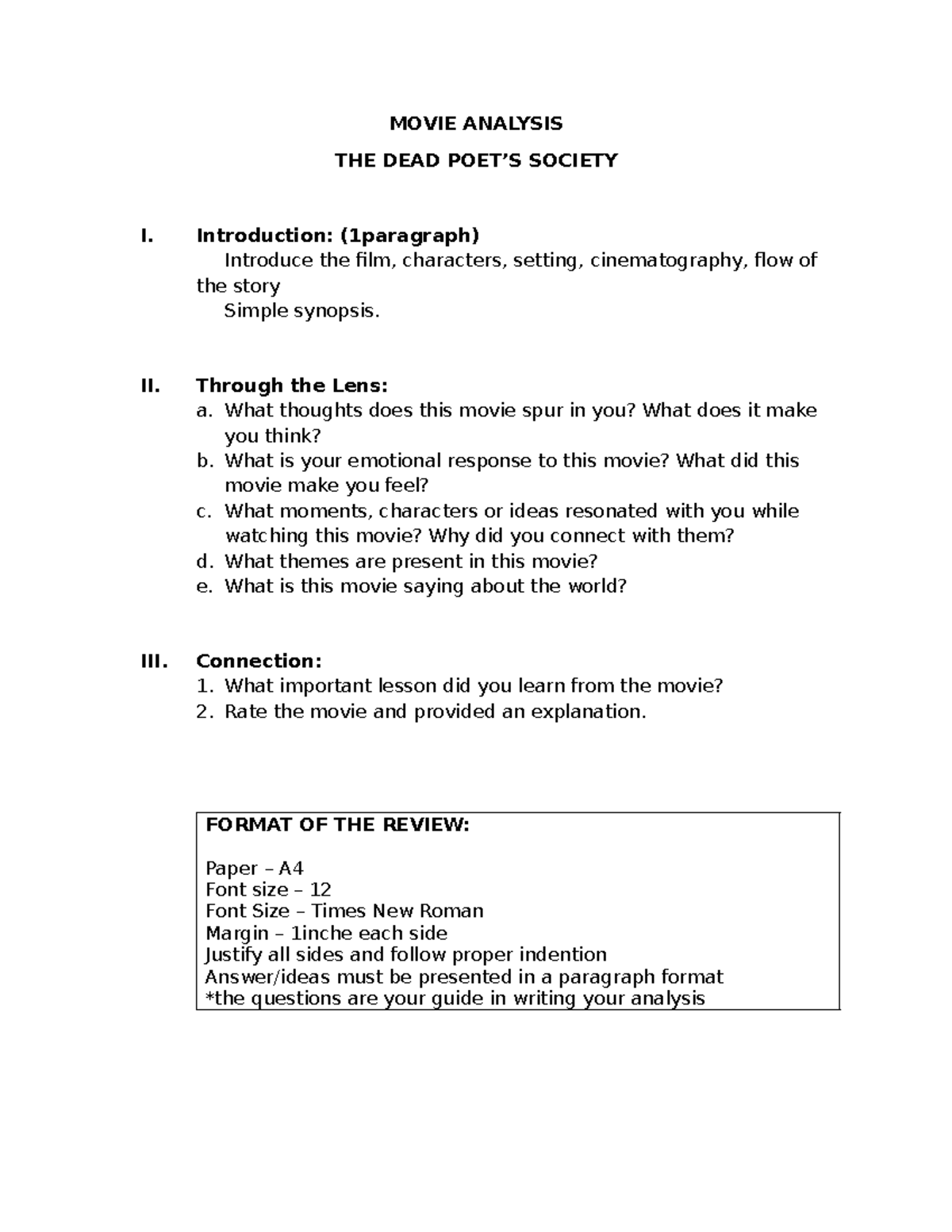 Movie- Analysis - MOVIE ANALYSIS THE DEAD POET’S SOCIETY I ...