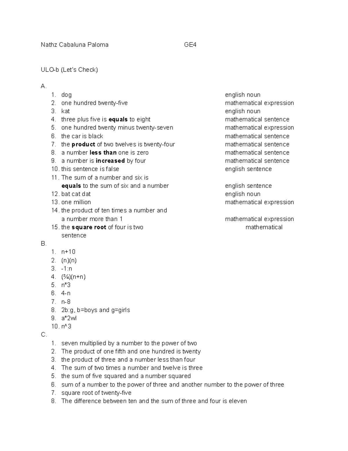 GE4 Practice set - Nathz Cabaluna Paloma GE ULO-b (Let’s Check) A. 1. dog english noun 2. one ...