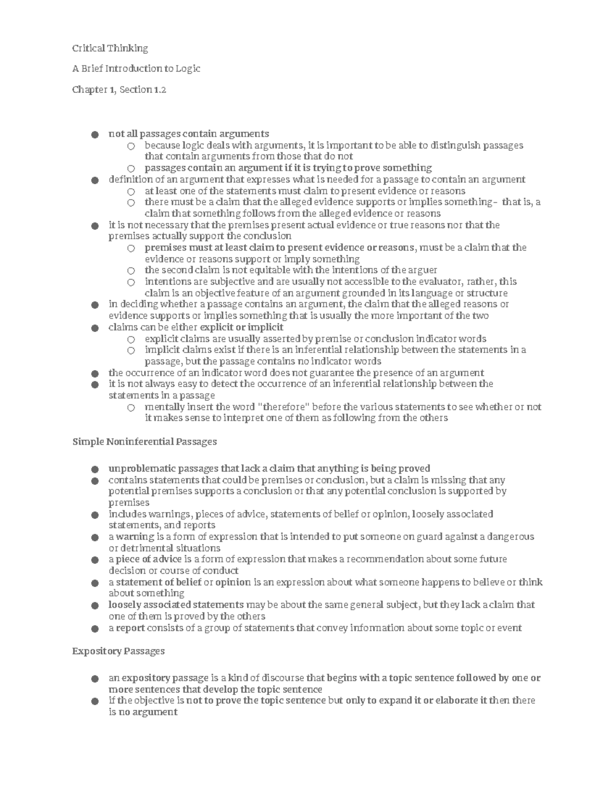 Critical Thinking, A Brief Introduction to Logic CH 1.2 - Critical ...