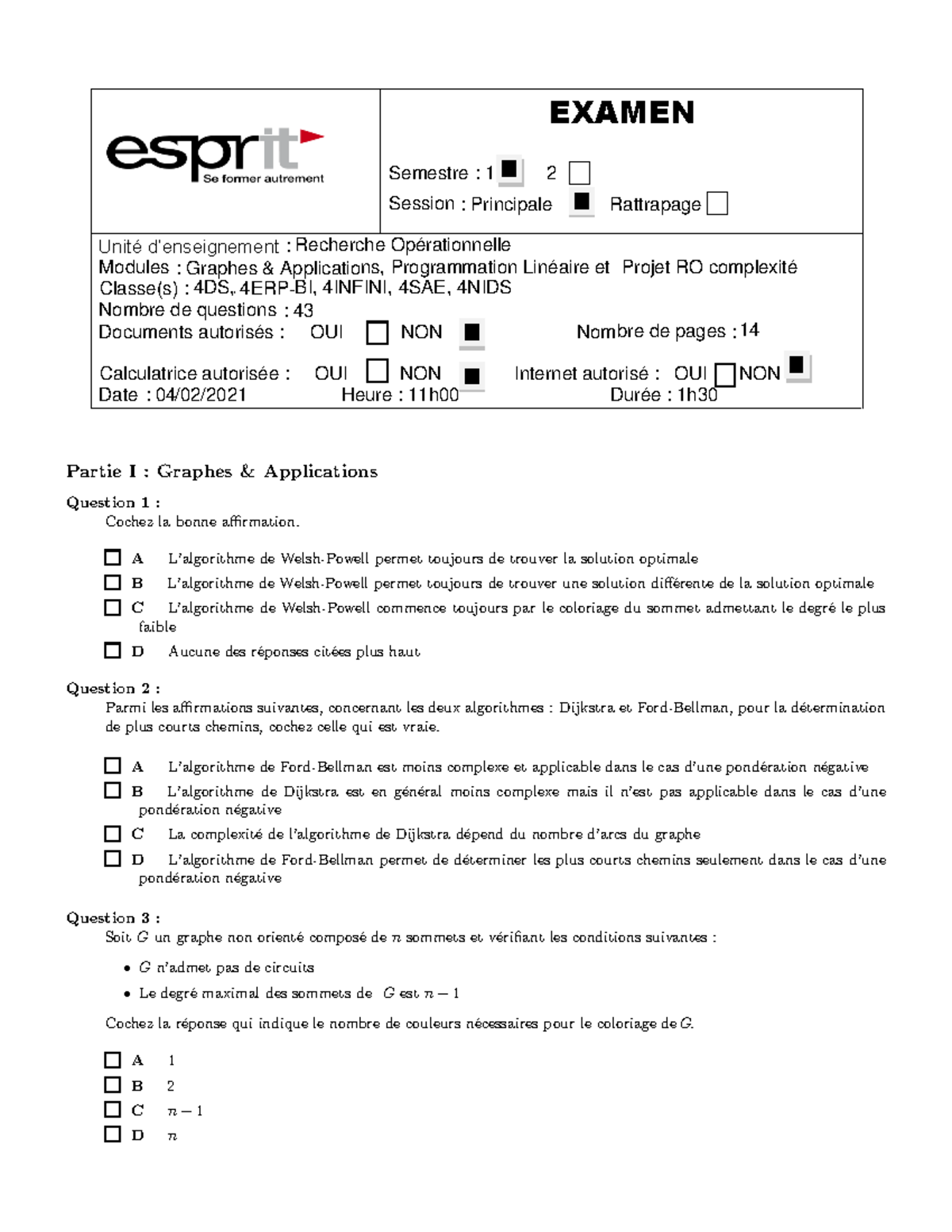 Examen Semestre 1 - Recherche Opérationnelle: Graphes et Programmation ...