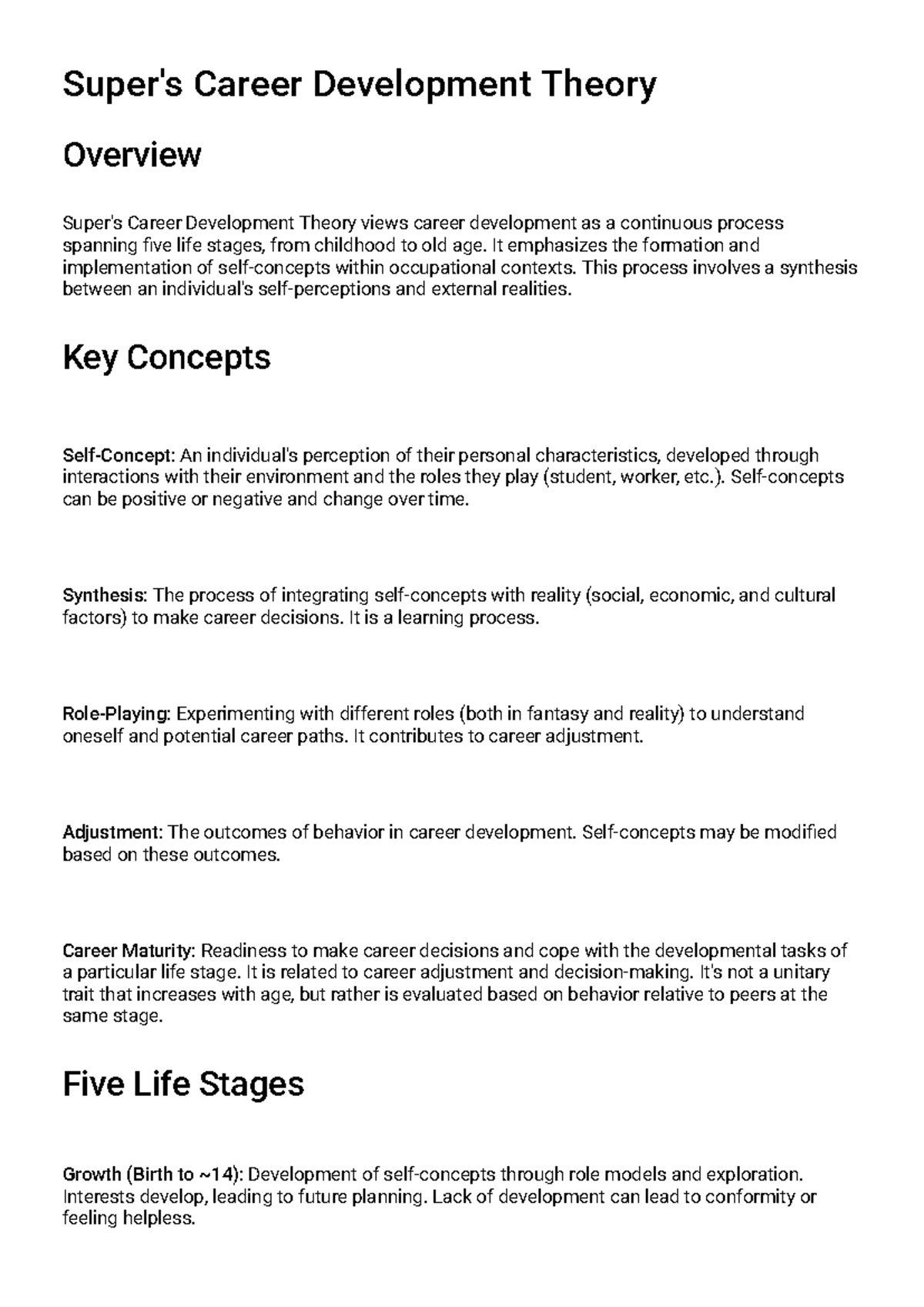 Supers Career Development Theory Overview - Study Guide S - Studocu