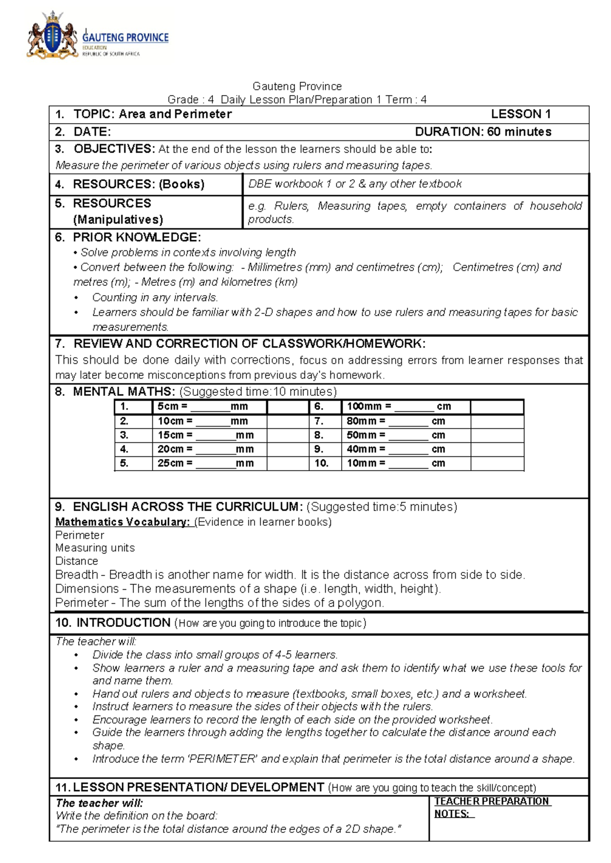 Grade 4 Term 4 Lesson Plans: Area and Perimeter Activities - Studocu