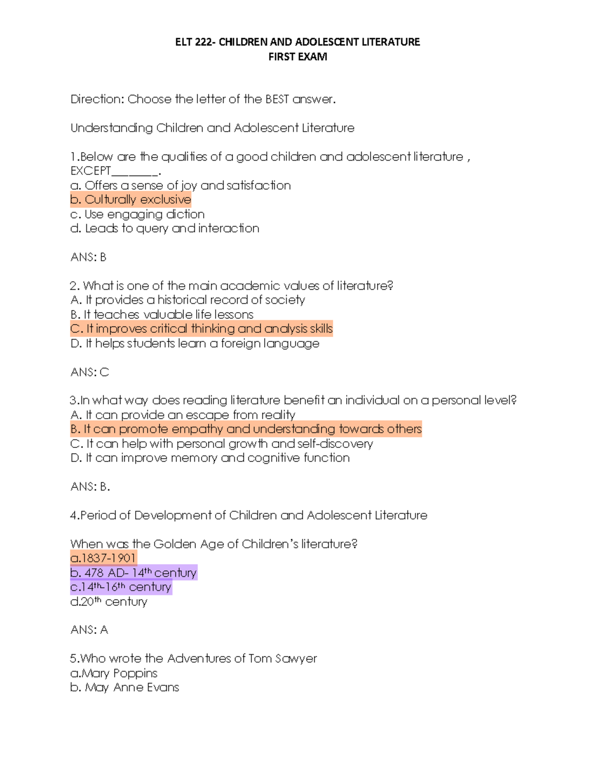 ELT CHILDREN AND ADOLESCENT LITERATURE FIRST EXAM Answer Key - Studocu