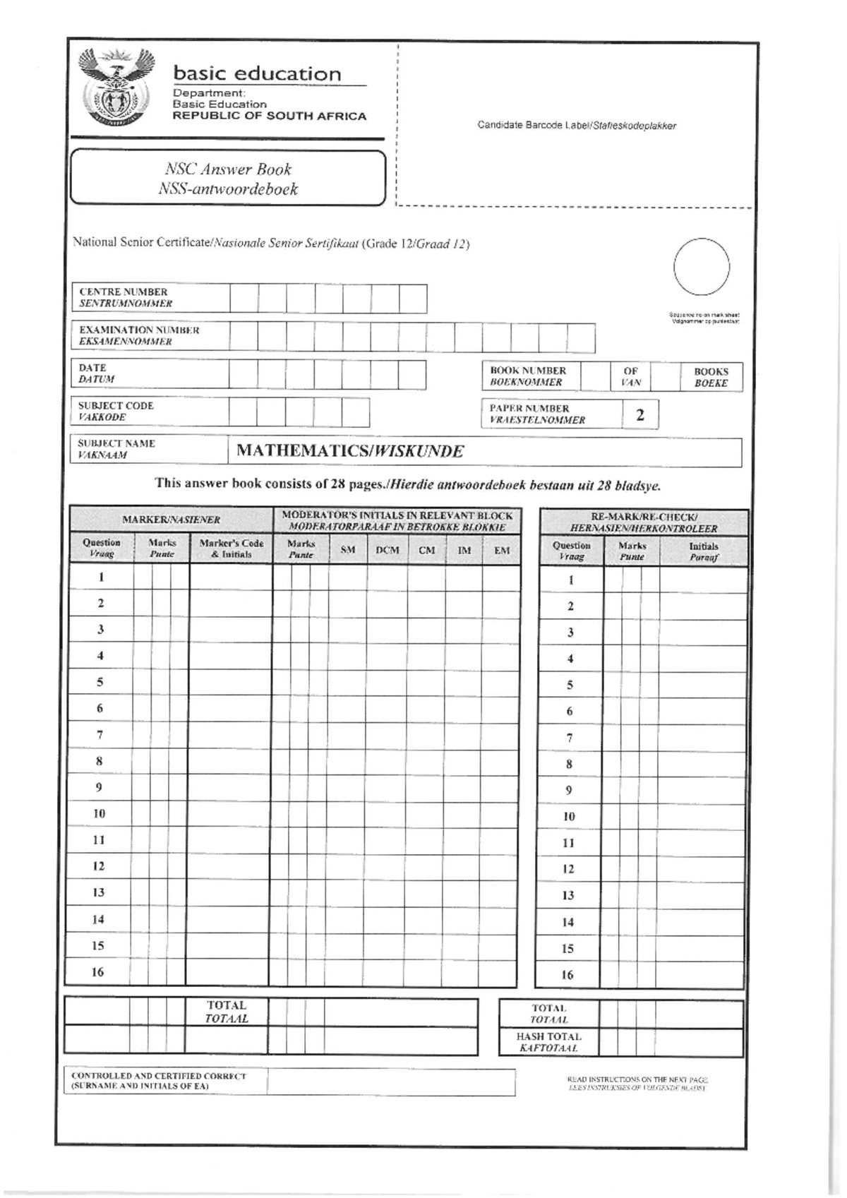 Mathematics P2 NSC Answer Book - November 2016 Exam Guide - Studocu