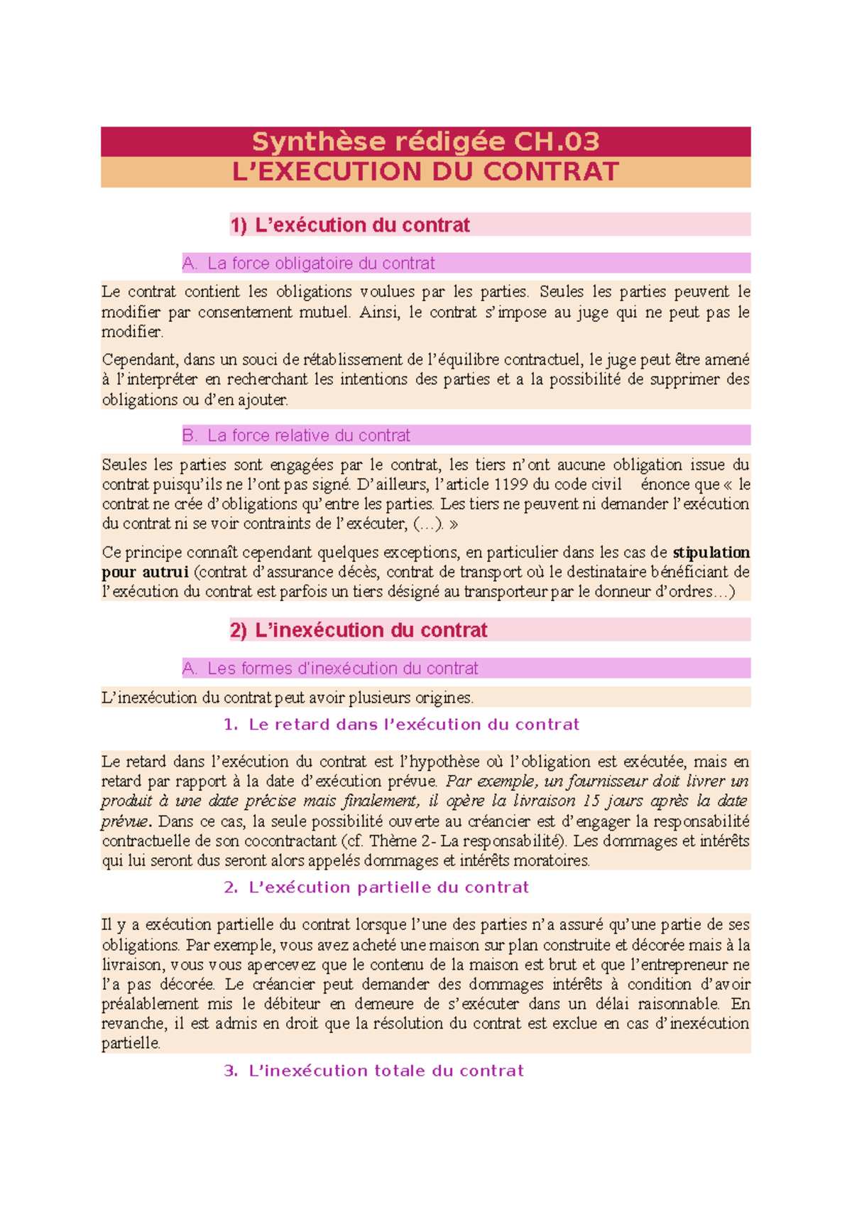 STMG11 CH03 Synthèse Rédigée sur la Force Obligatoire du Contrat - Studocu