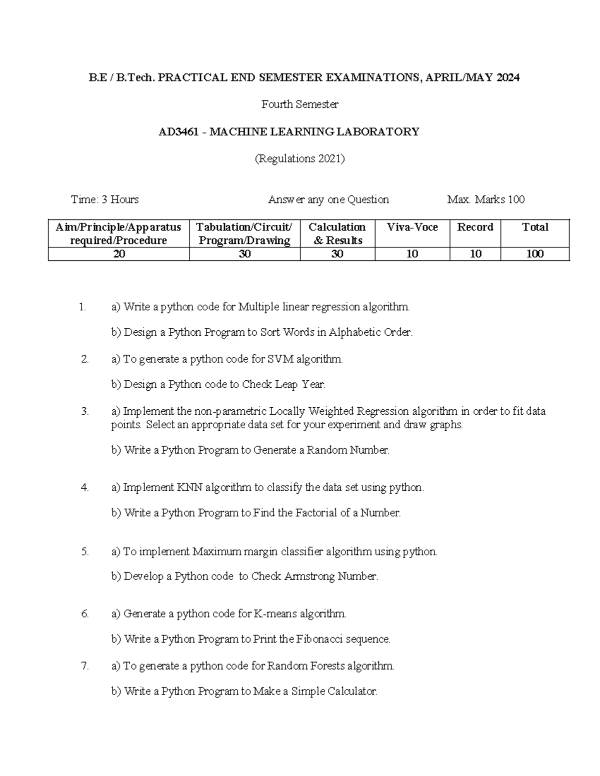 AD3461 MACHINE LEARNING LAB - Practical Exam Notes 2024 - Studocu