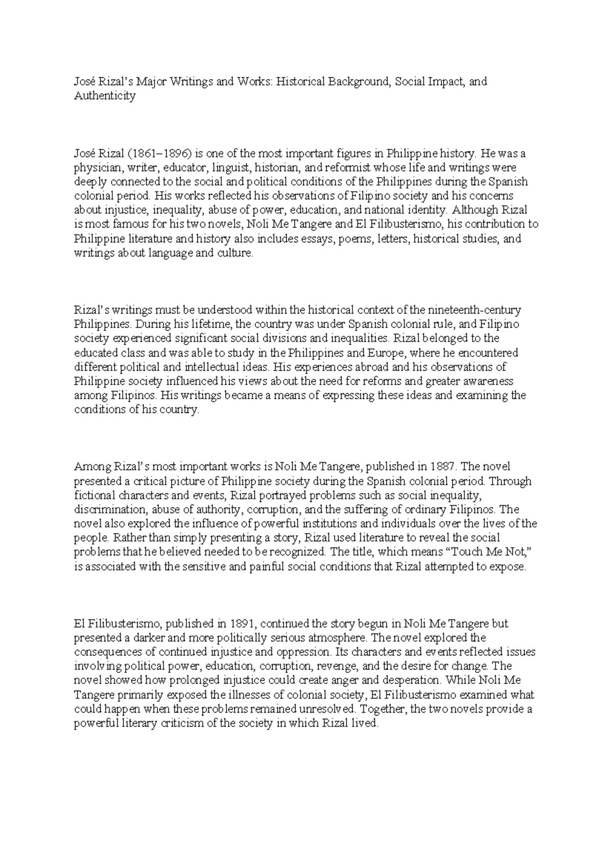 Rizal SSC 103 - Analyzing the Impact of His Major Works - Studocu