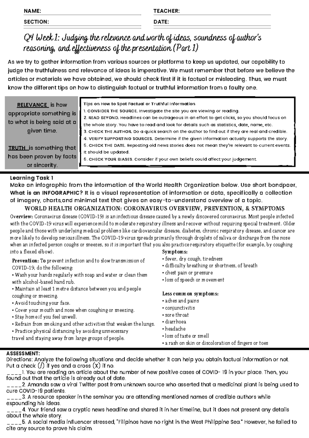 English 9 Worksheet 4Q: Evaluating Truthfulness and Arguments (Weeks 1 ...