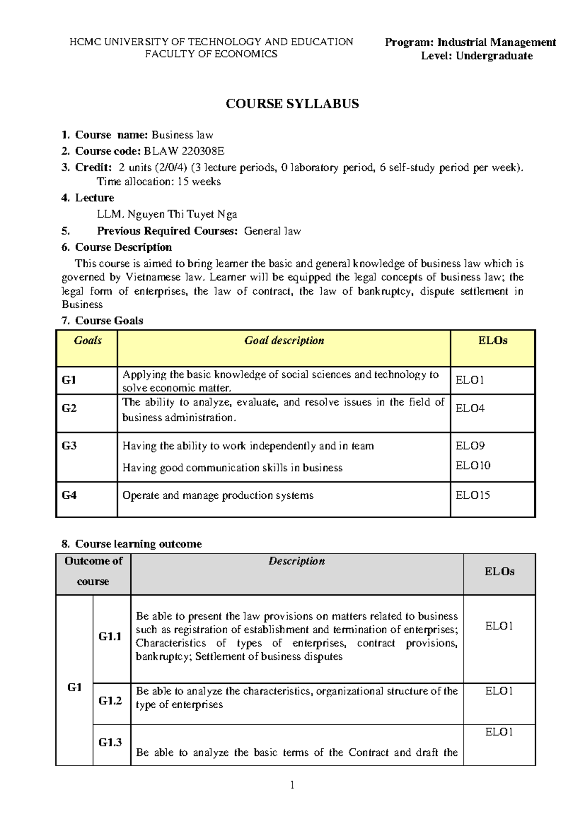 Business Law Course Syllabus - BLAW 220308E - HCMC University - Studocu